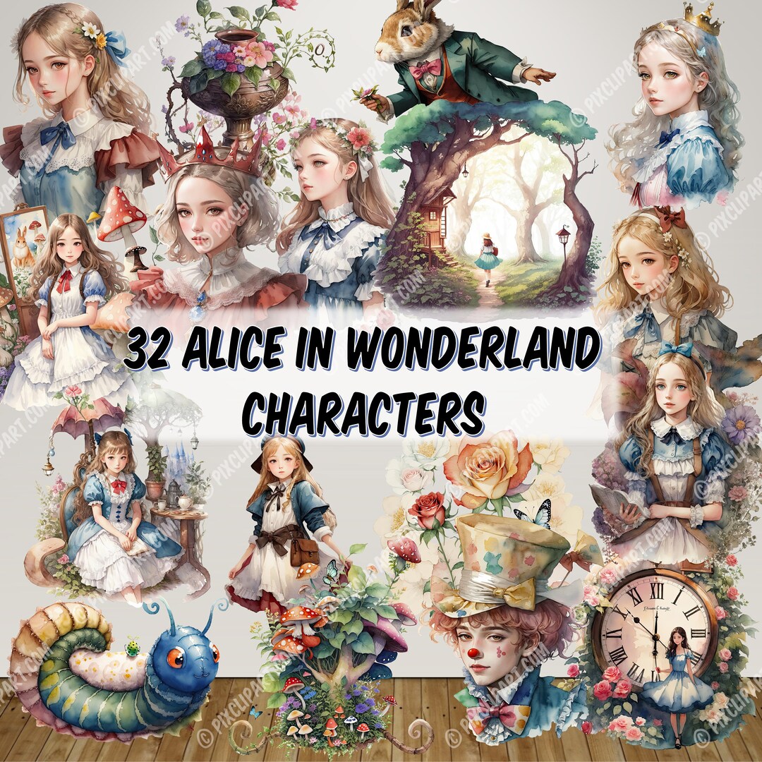 Watercolour Alice in Wonderland 32 Character Bundle Clipart, Alice in ...