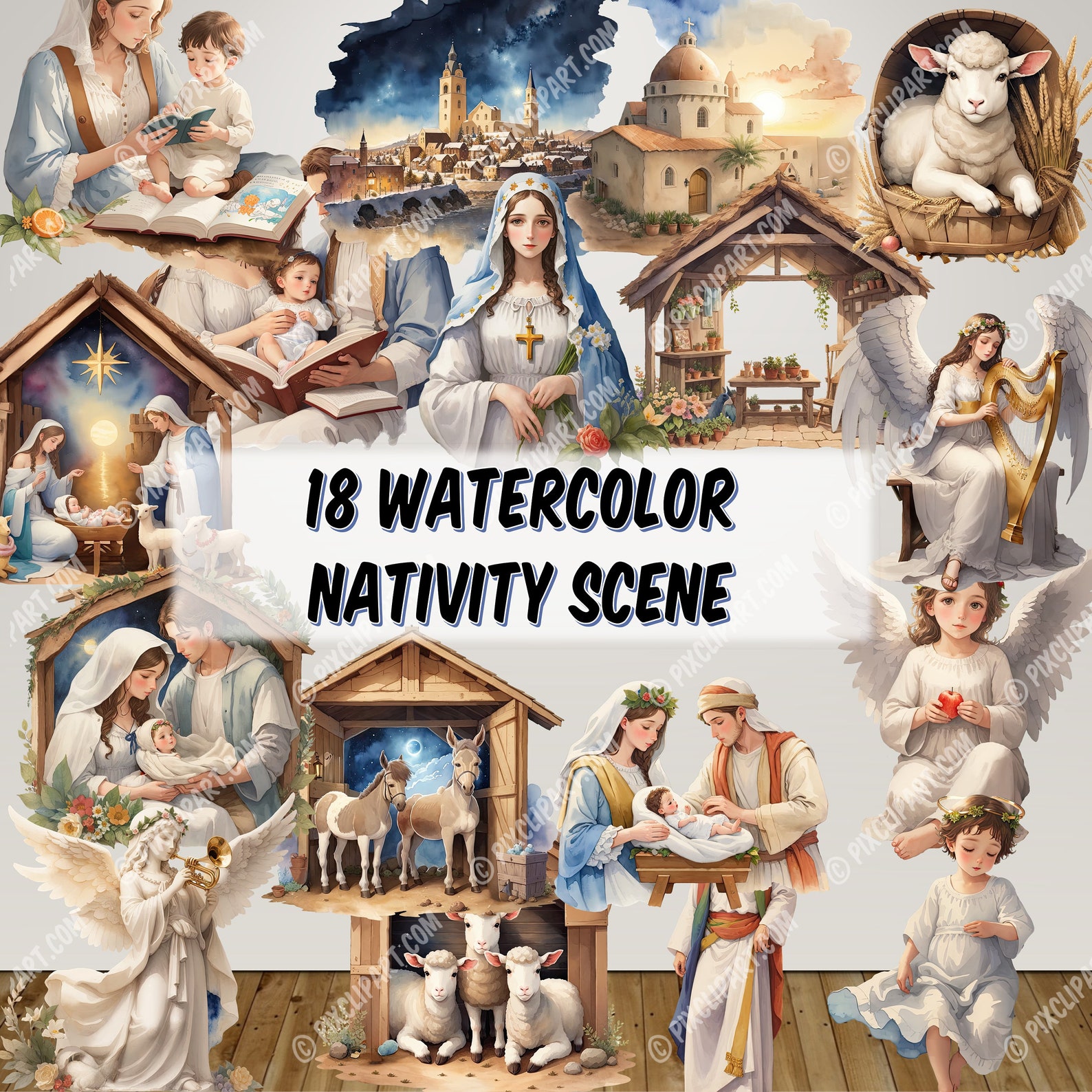 Watercolor Nativity Scene Clipart 24 PNG Christmas Nativity Set, Baby ...