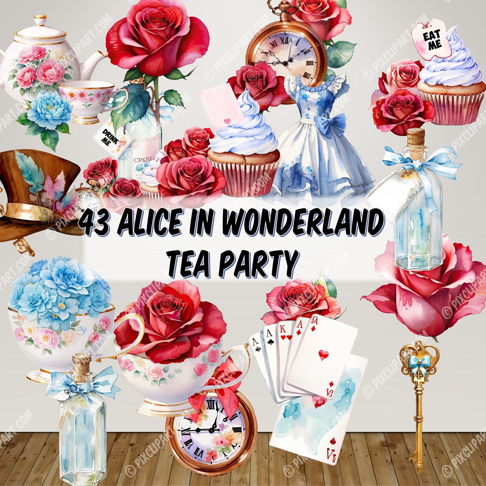Watercolor Alice in Wonderland Elements 43 Mad Hatter Tea Party Clipart ...