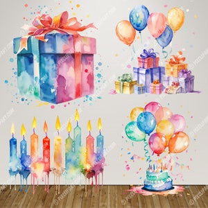 Watercolor Birthday Party Clipart Bundle 20 PNG Graphics Transparent ...