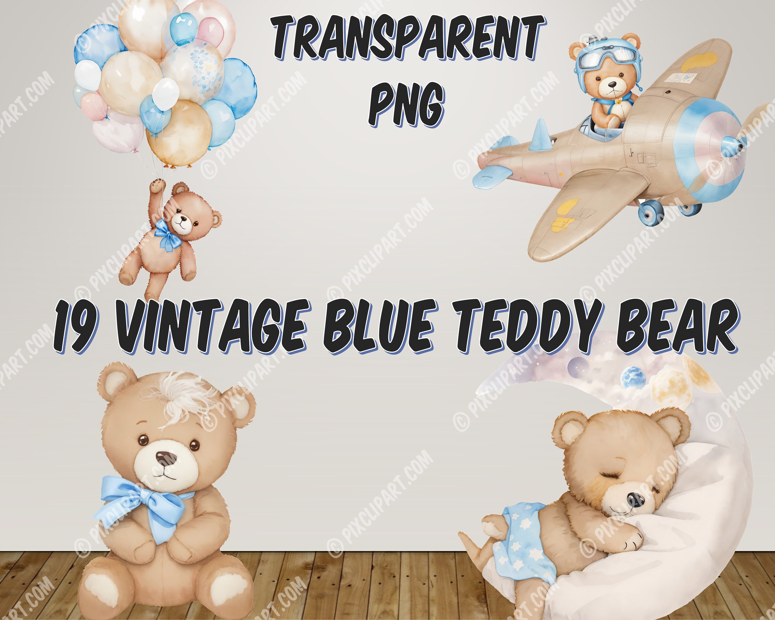 19 Vintage Blue Teddy Bear Clipart Set Watercolor Baby - Etsy
