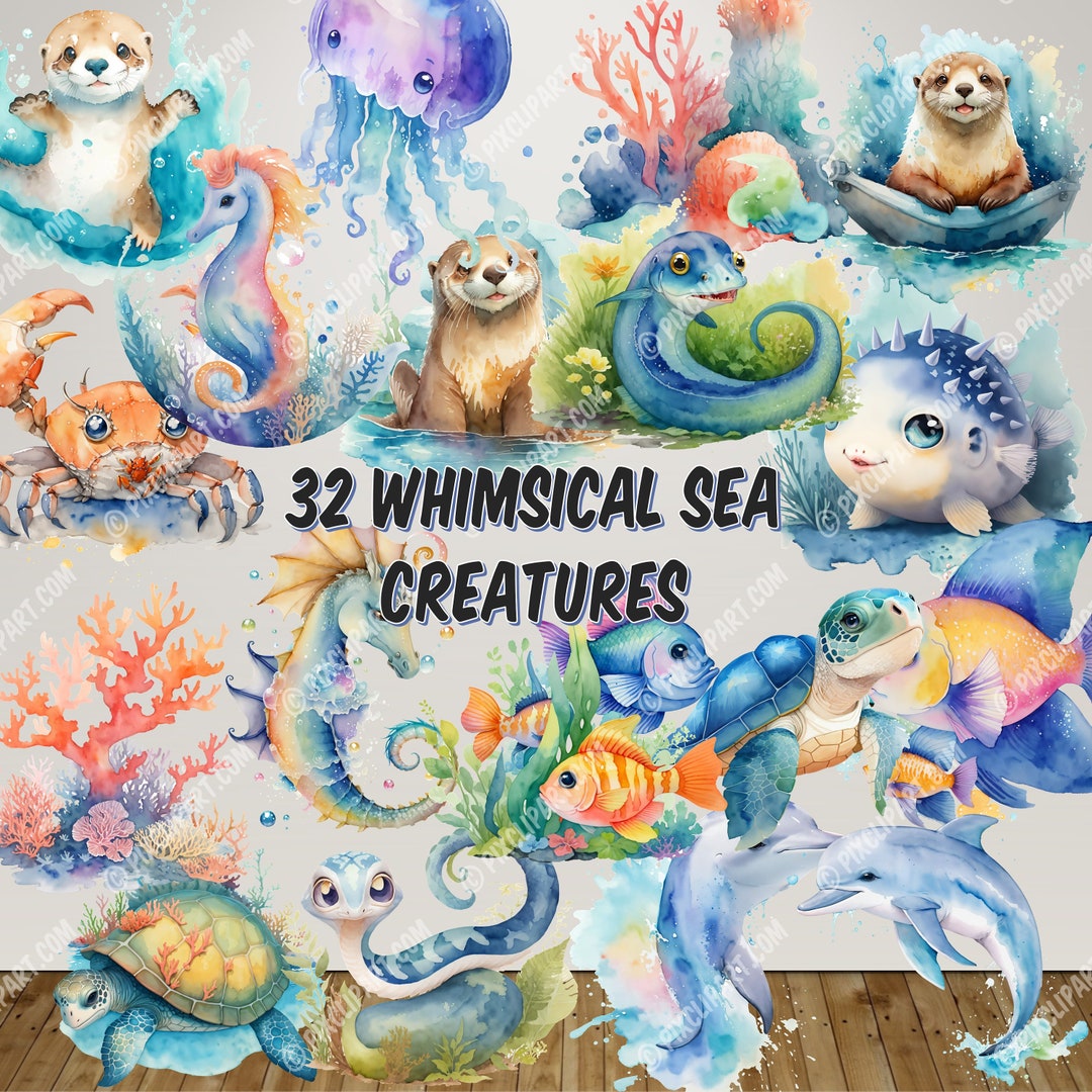 32 Watercolor Sea Creatures Clipart - Kids Decor Bundle, Marine Nursery ...