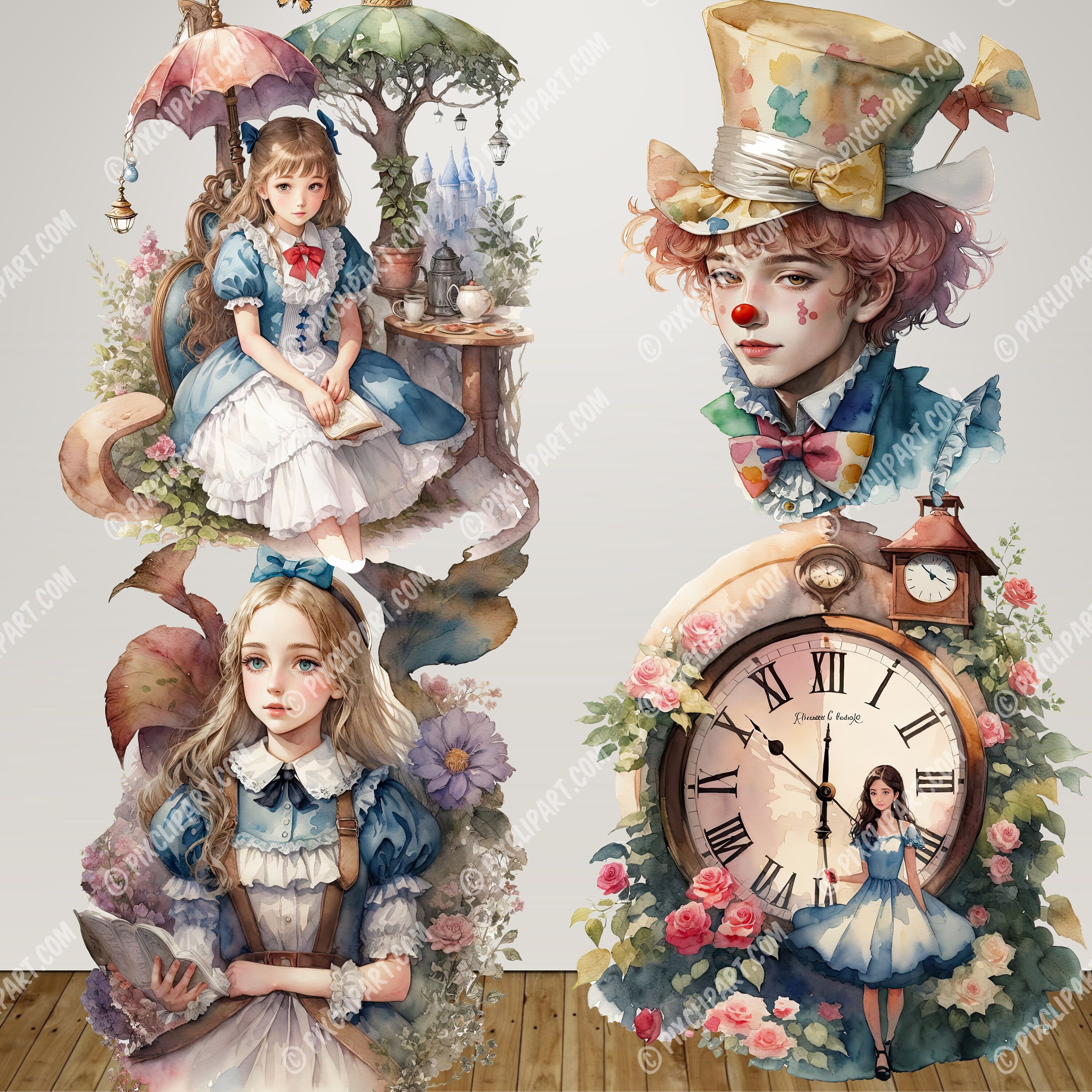 Watercolour Alice in Wonderland 32 Character Bundle Clipart, Alice in ...