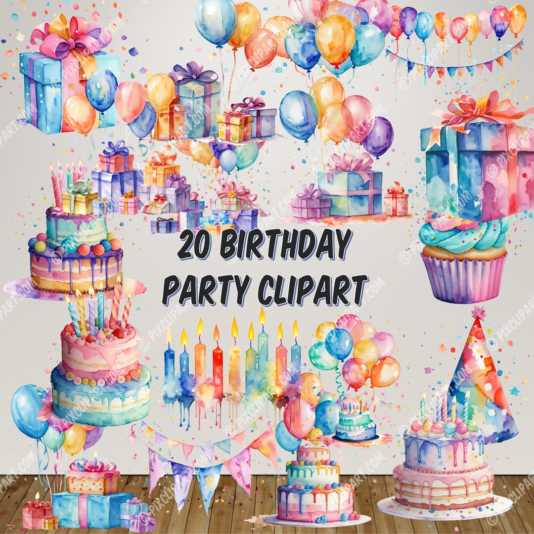 Watercolor Birthday Party Clipart Bundle 20 PNG Graphics Transparent ...