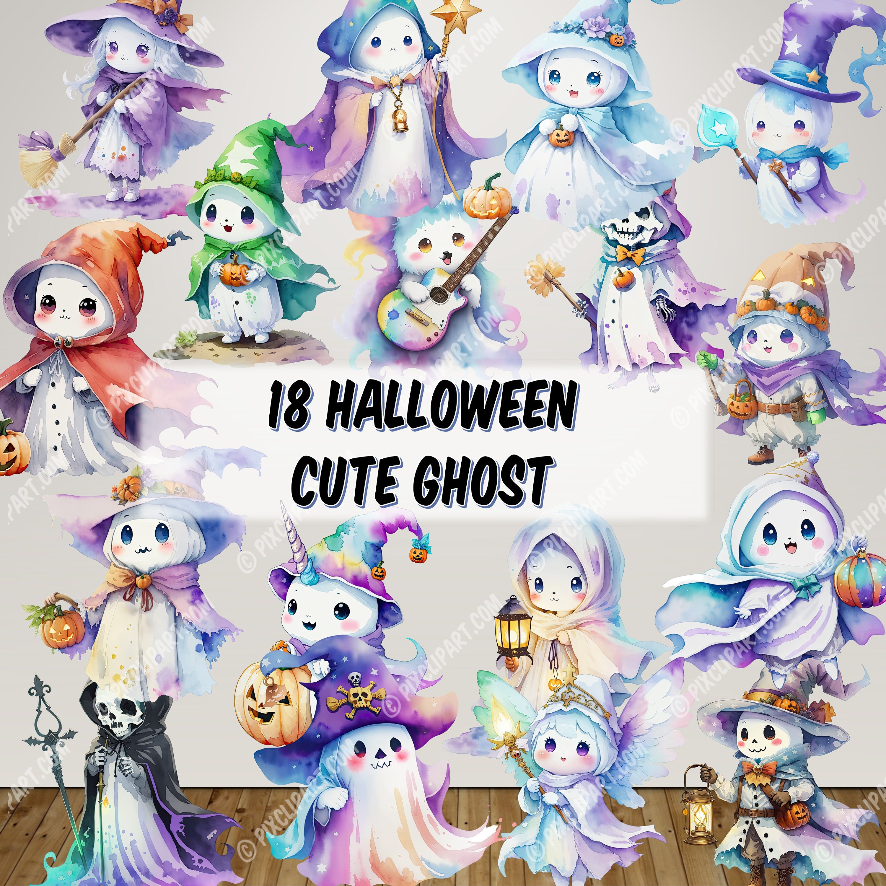 Halloween Cute Ghost Enchanting Watercolor Clipart Bundle 18 ...