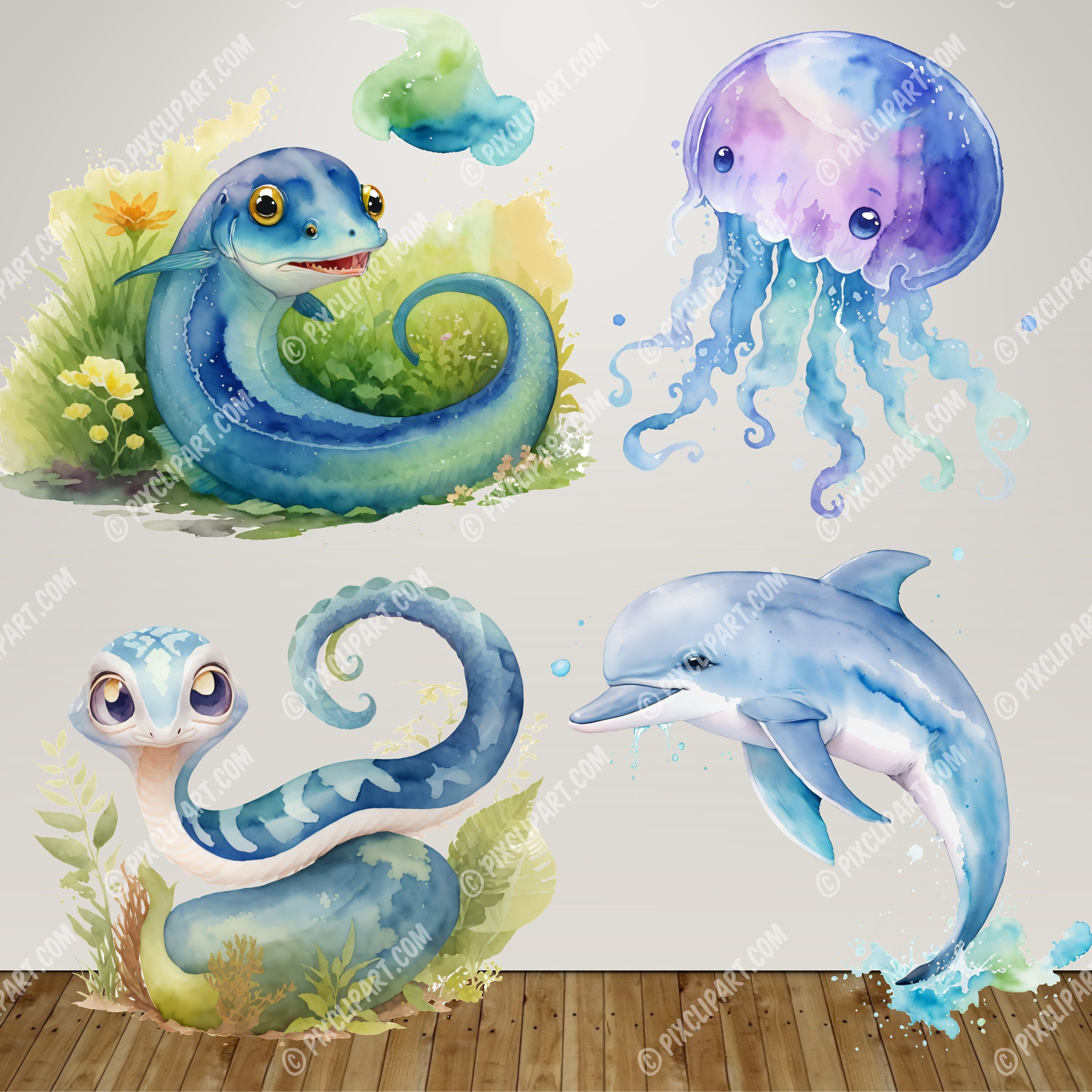 32 Watercolor Sea Creatures Clipart - Kids Decor Bundle, Marine Nursery ...