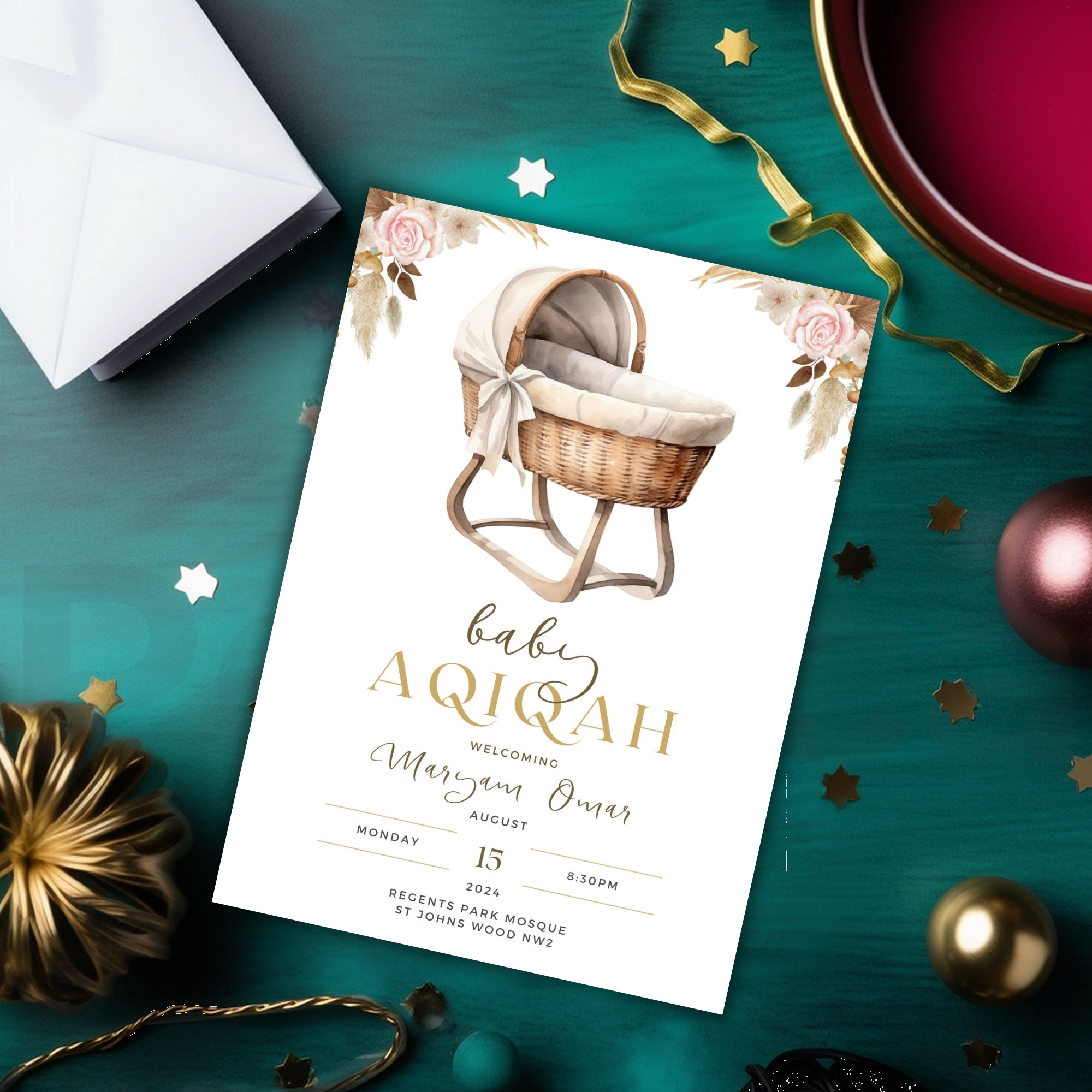 Boho Baby Shower Aqiqah Invitation, Editable Islamic Birth Announcement ...