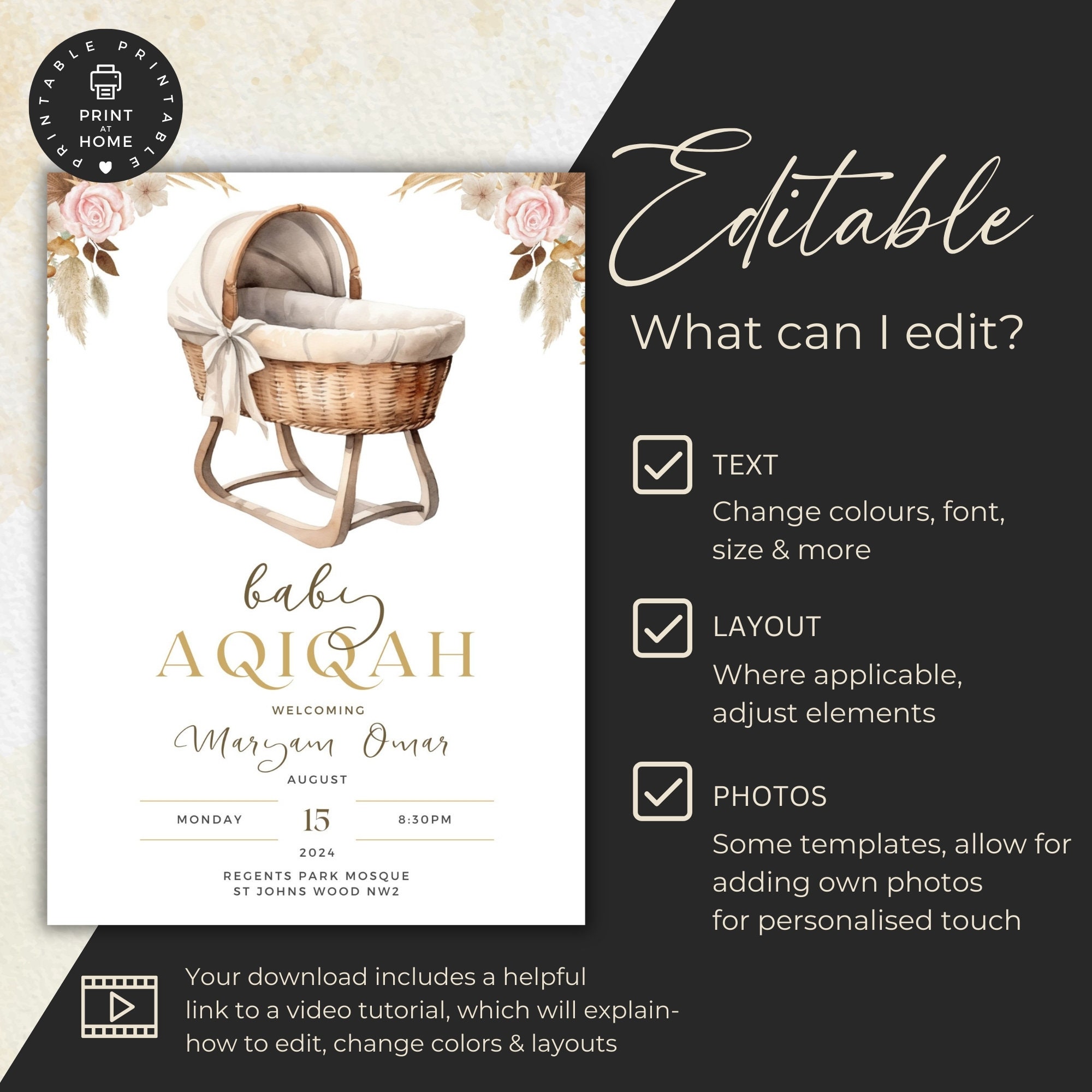 Boho Baby Shower Aqiqah Invitation, Editable Islamic Birth Announcement ...