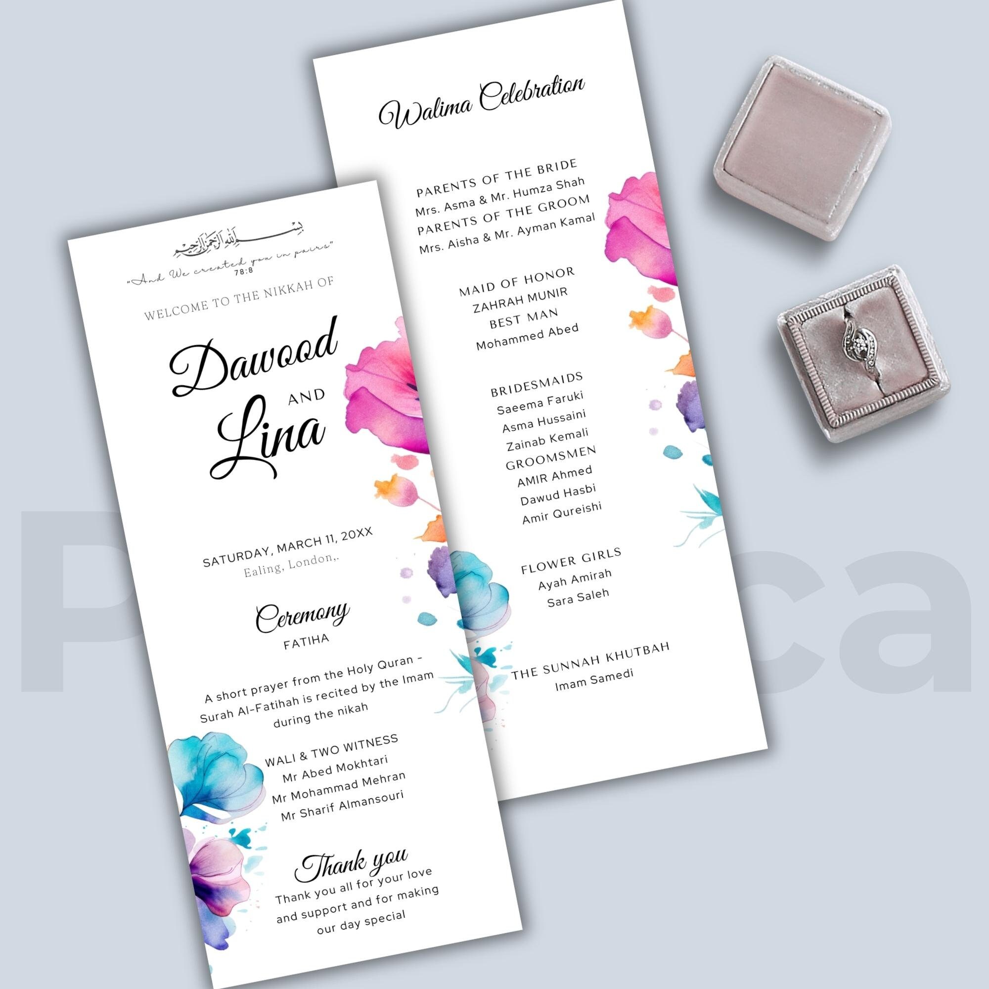 Abstract Floral Wedding Program Template, Nikkah, Islamic Walima Fatiha ...