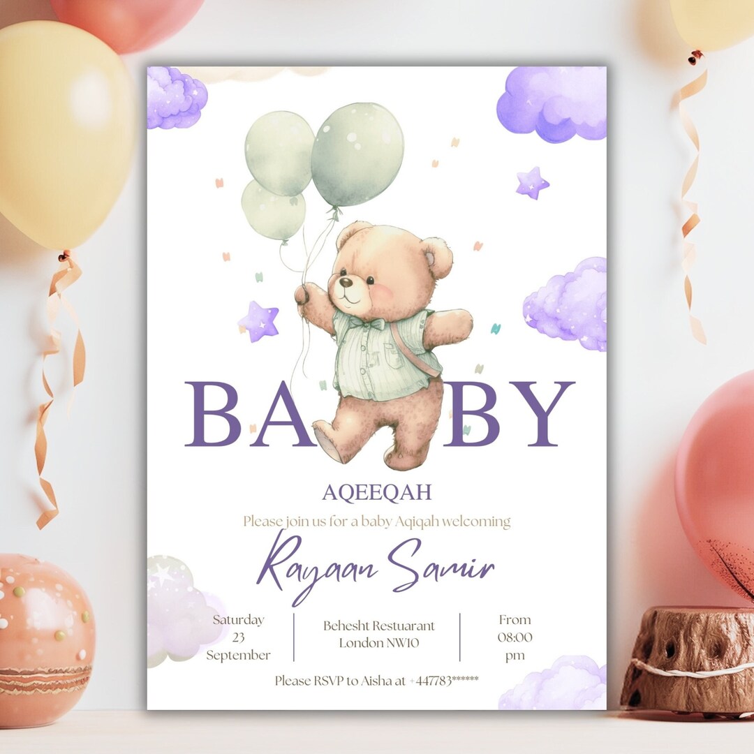 Lilac Teddy Baby Shower Aqiqah Invitation, Editable Islamic Birth ...