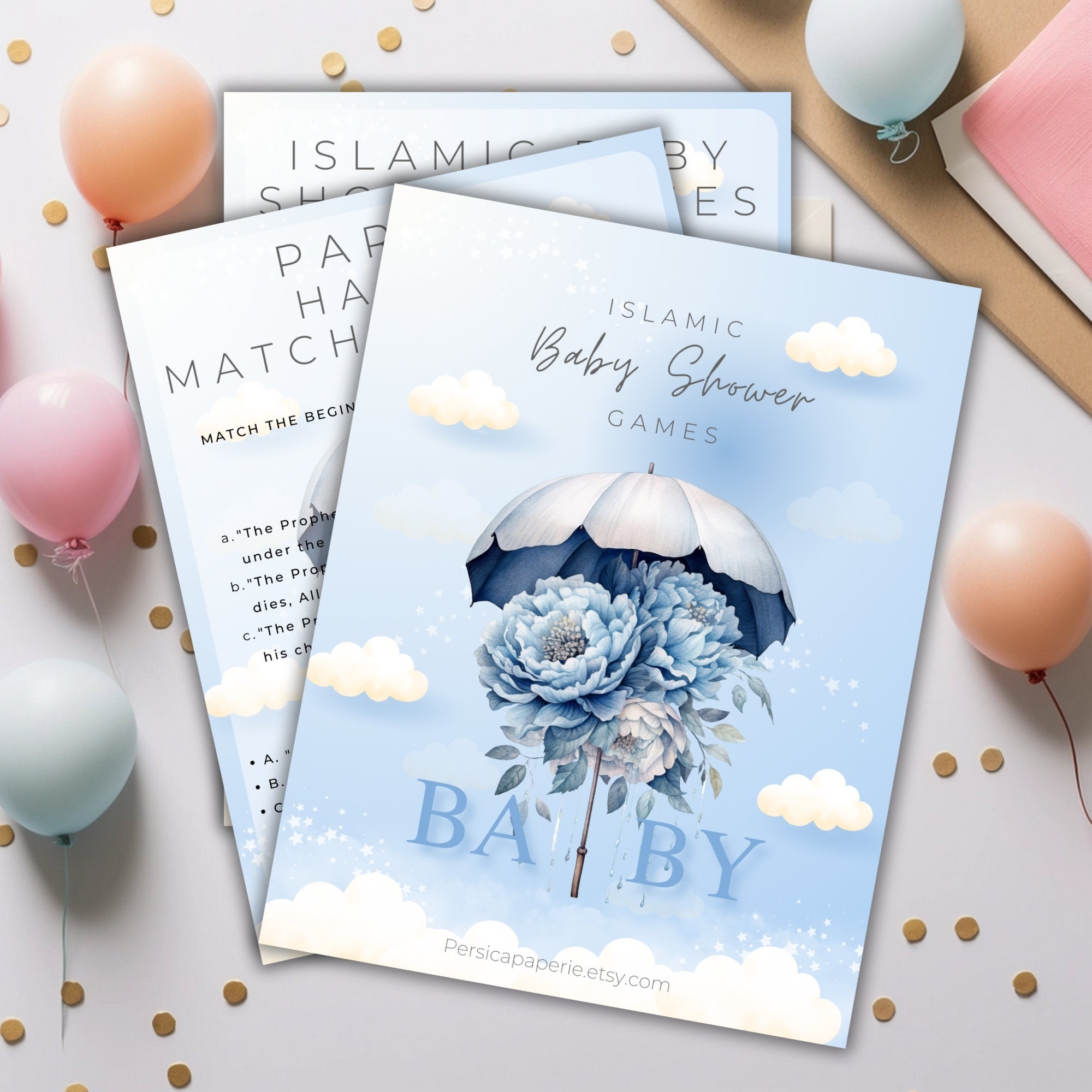 On Cloud 9 Blue Muslim Baby Shower Game, 4 Games in 1 Aqiqah, Editable ...