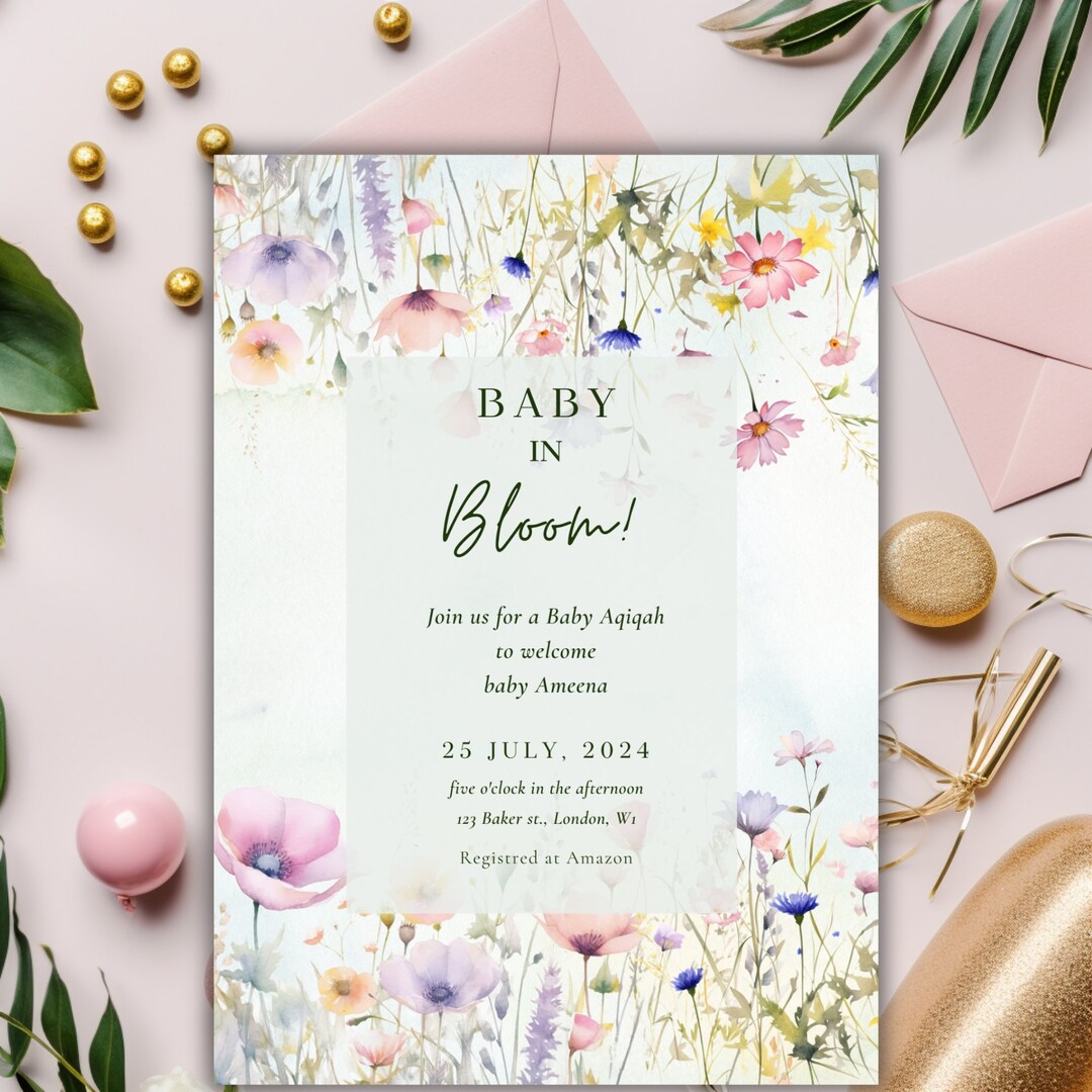 Baby in Bloom Wildflower Baby Shower Aqiqah Invitation, Editable ...