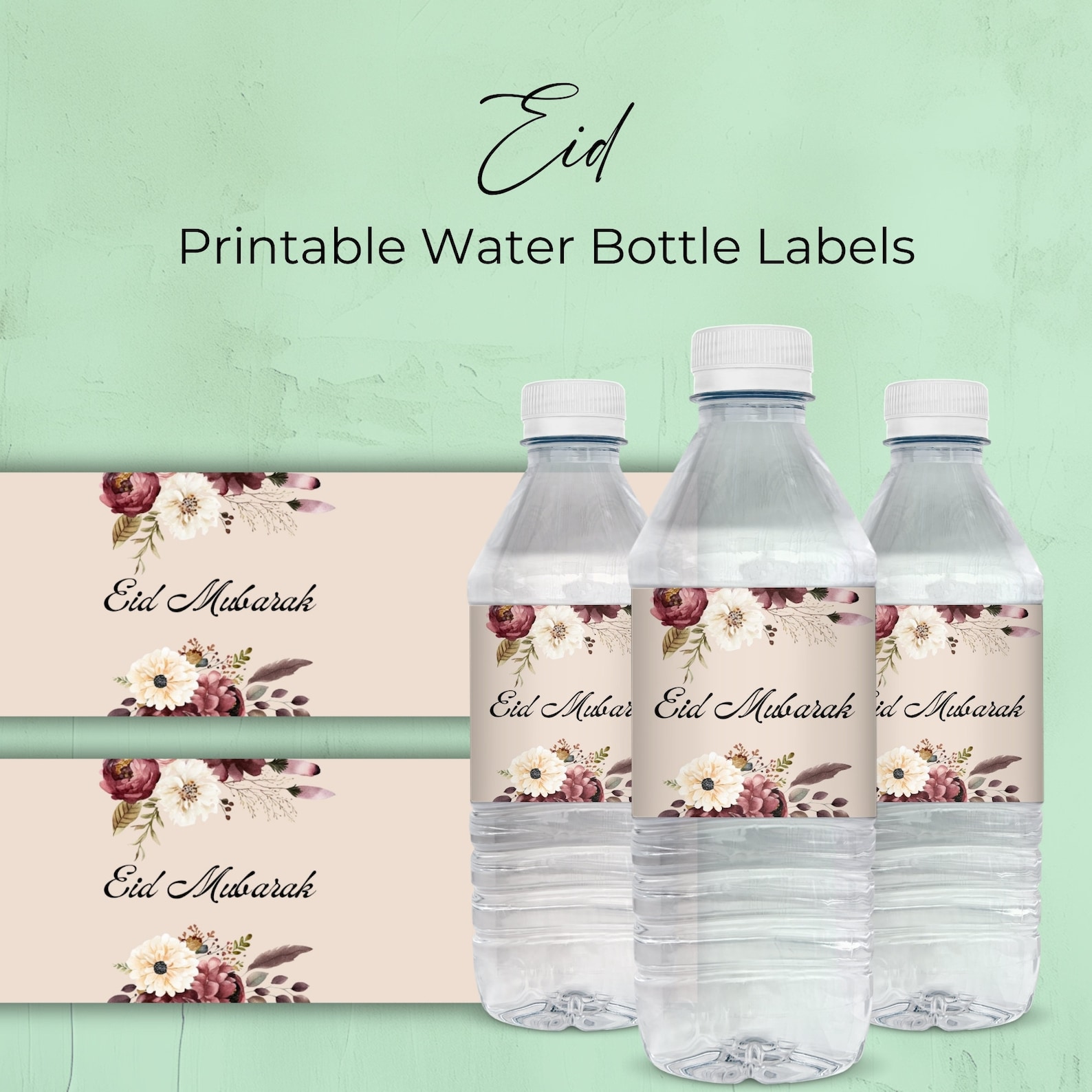 Water Bottle Label, Rose Eid Mubarak INSTANT DOWNLOAD, DIY Eid Ul Adha ...