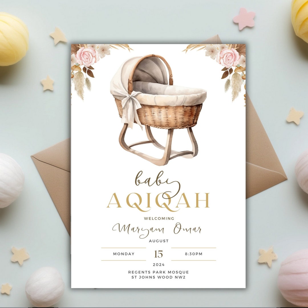 Boho Baby Shower Aqiqah Invitation, Editable Islamic Birth Announcement ...