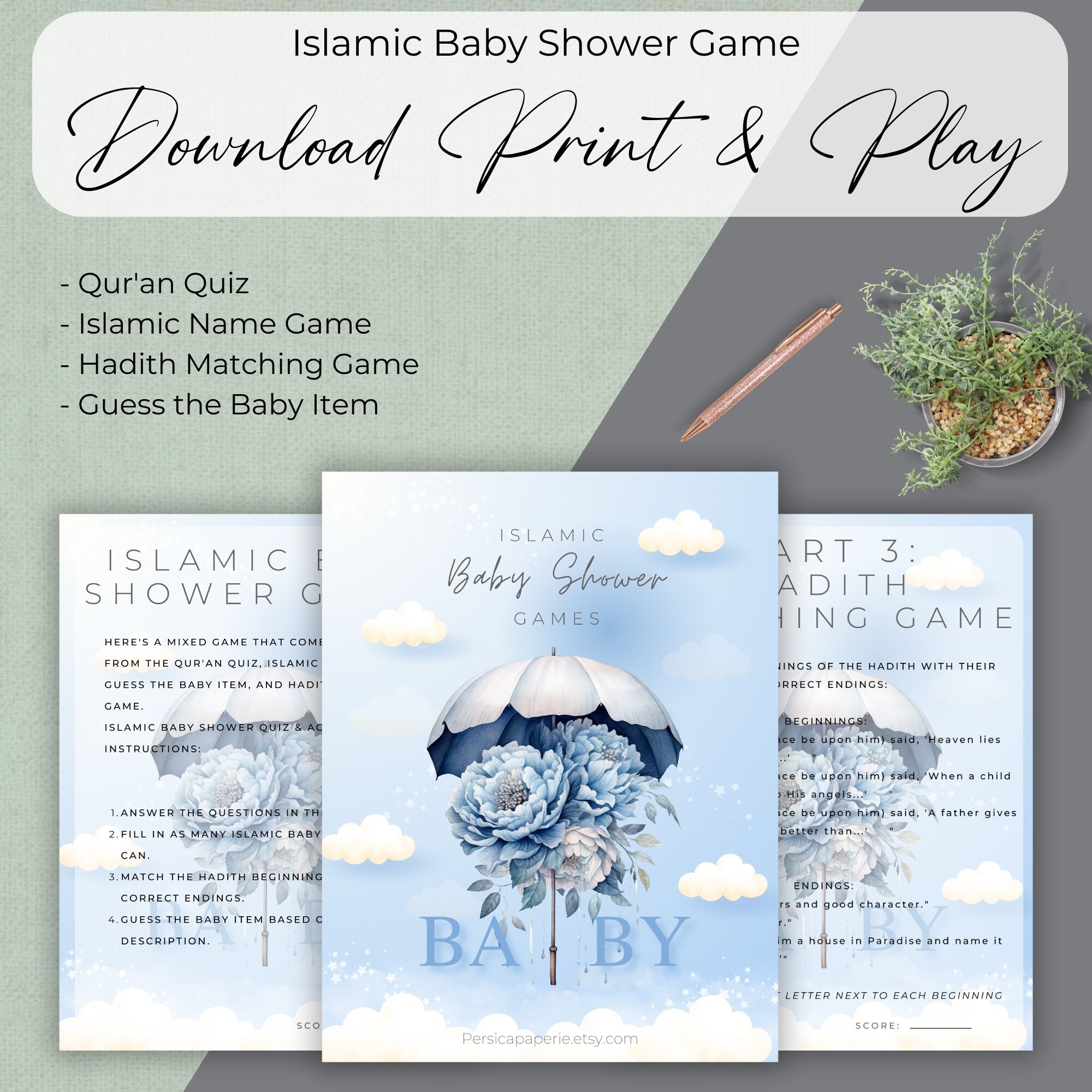 On Cloud 9 Blue Muslim Baby Shower Game, 4 Games in 1 Aqiqah, Editable ...