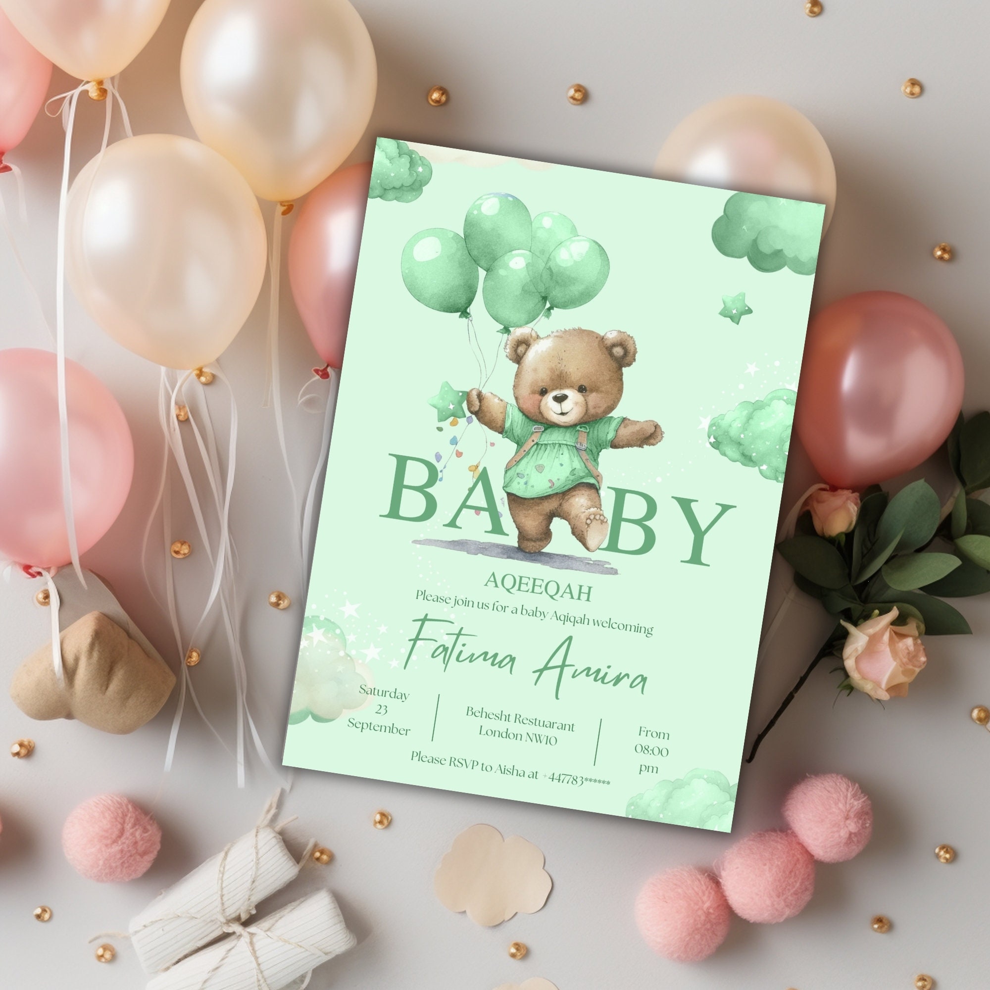 Teddy Bear Baby Shower Aqiqah Invitation, Editable Islamic Birth ...