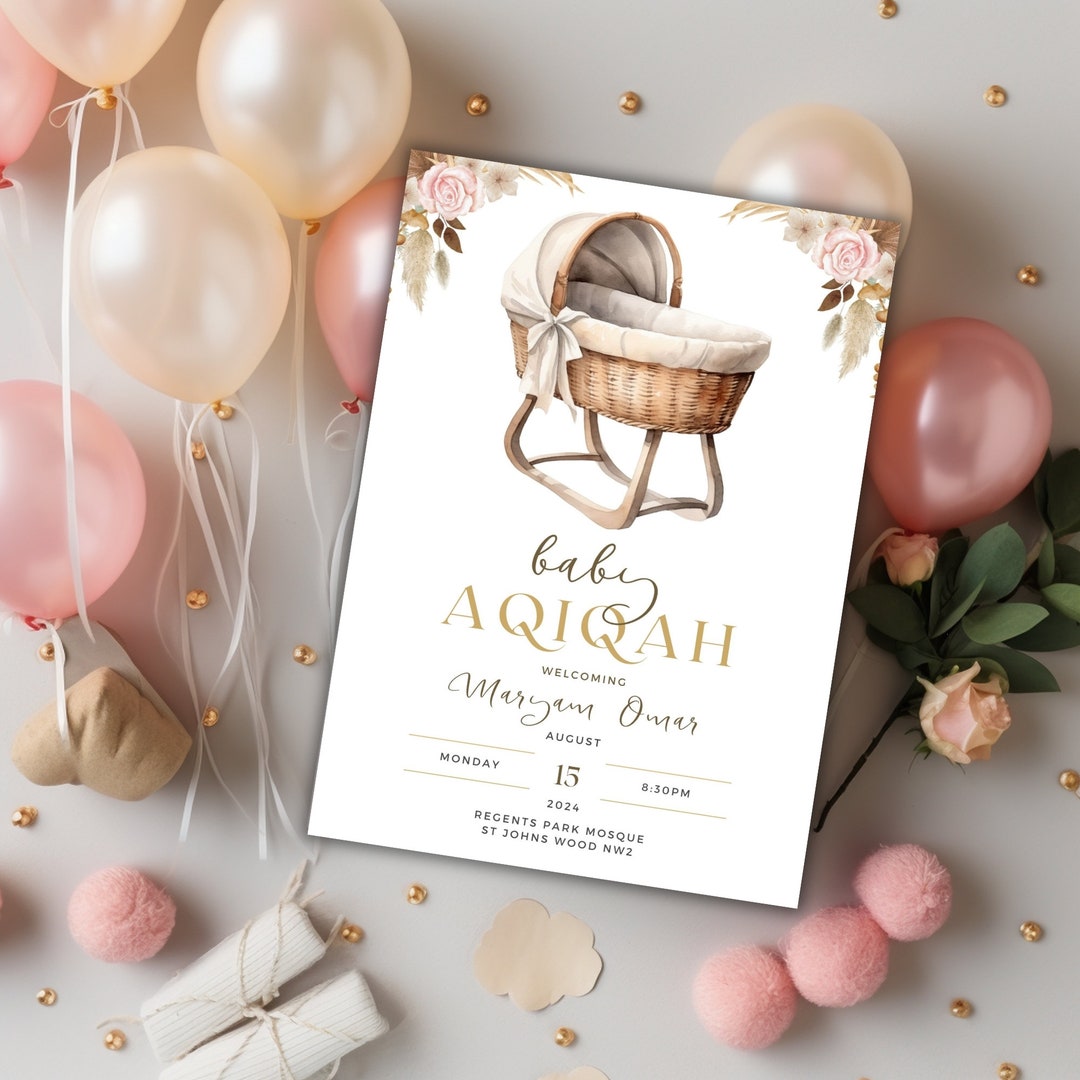 Boho Baby Shower Aqiqah Invitation, Editable Islamic Birth Announcement ...