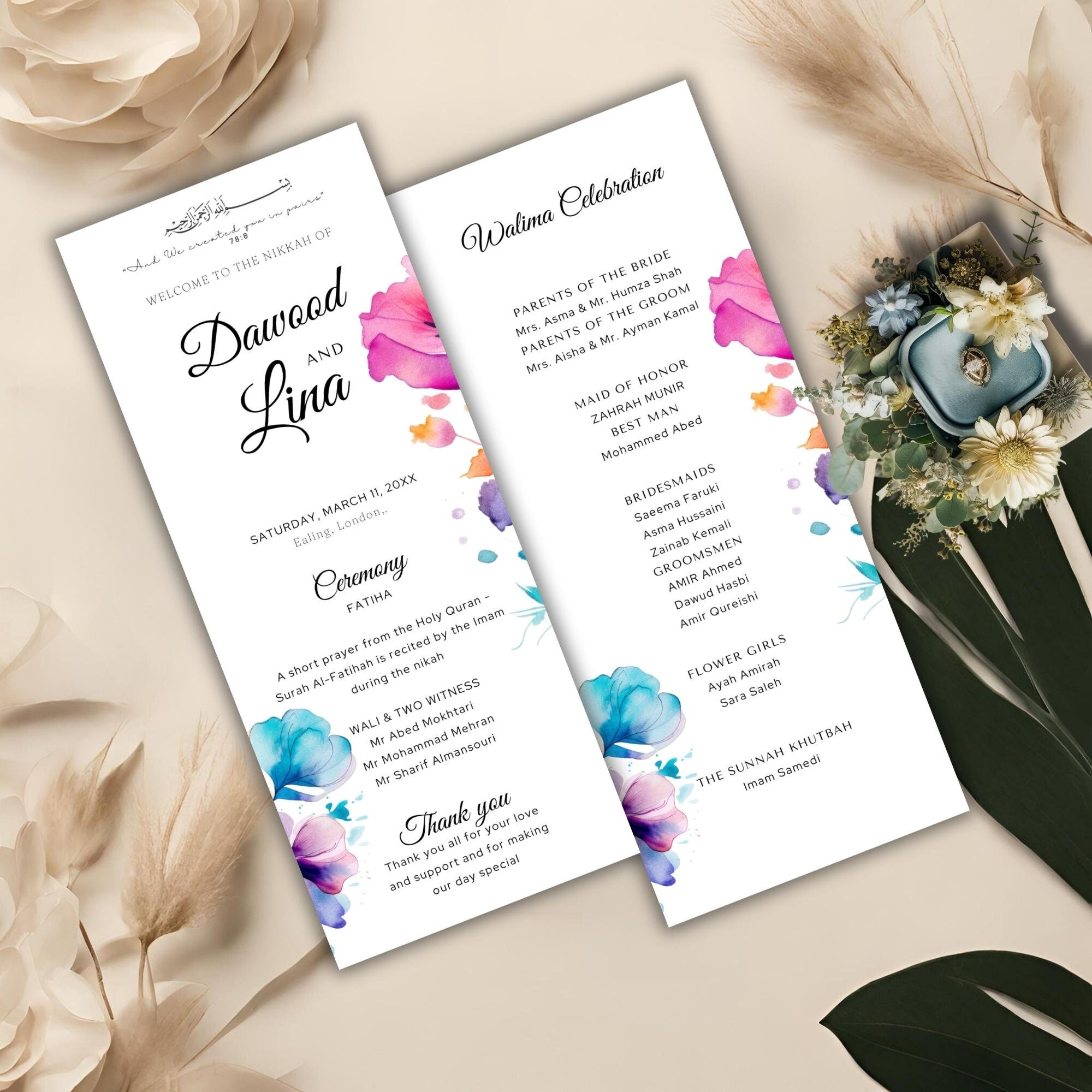 Abstract Floral Wedding Program Template, Nikkah, Islamic Walima Fatiha ...