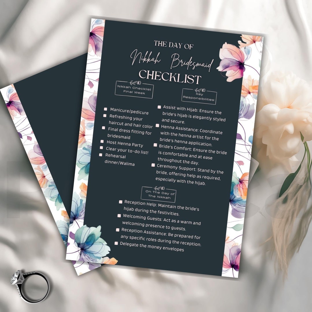 Navy Blue Floral Bridesmaid Checklist, Nikkah Muslim Wedding Day ...