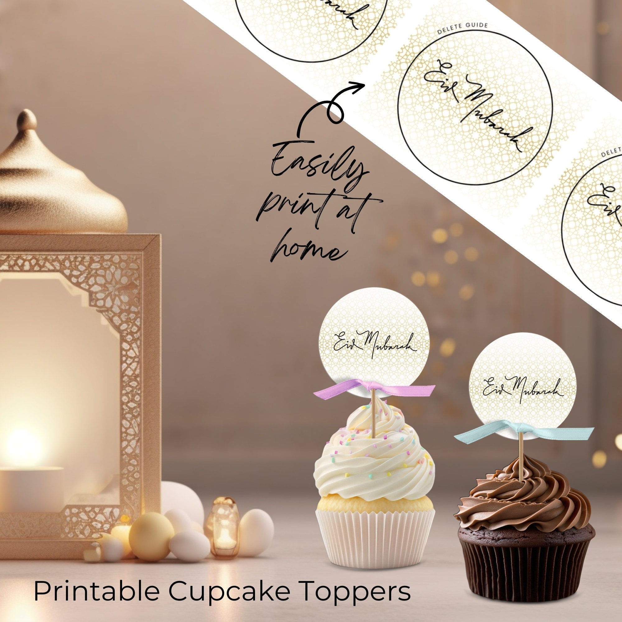 Cupcake Topper, Gold Eid Mubarak INSTANT DOWNLOAD, Diy Printable PDF ...
