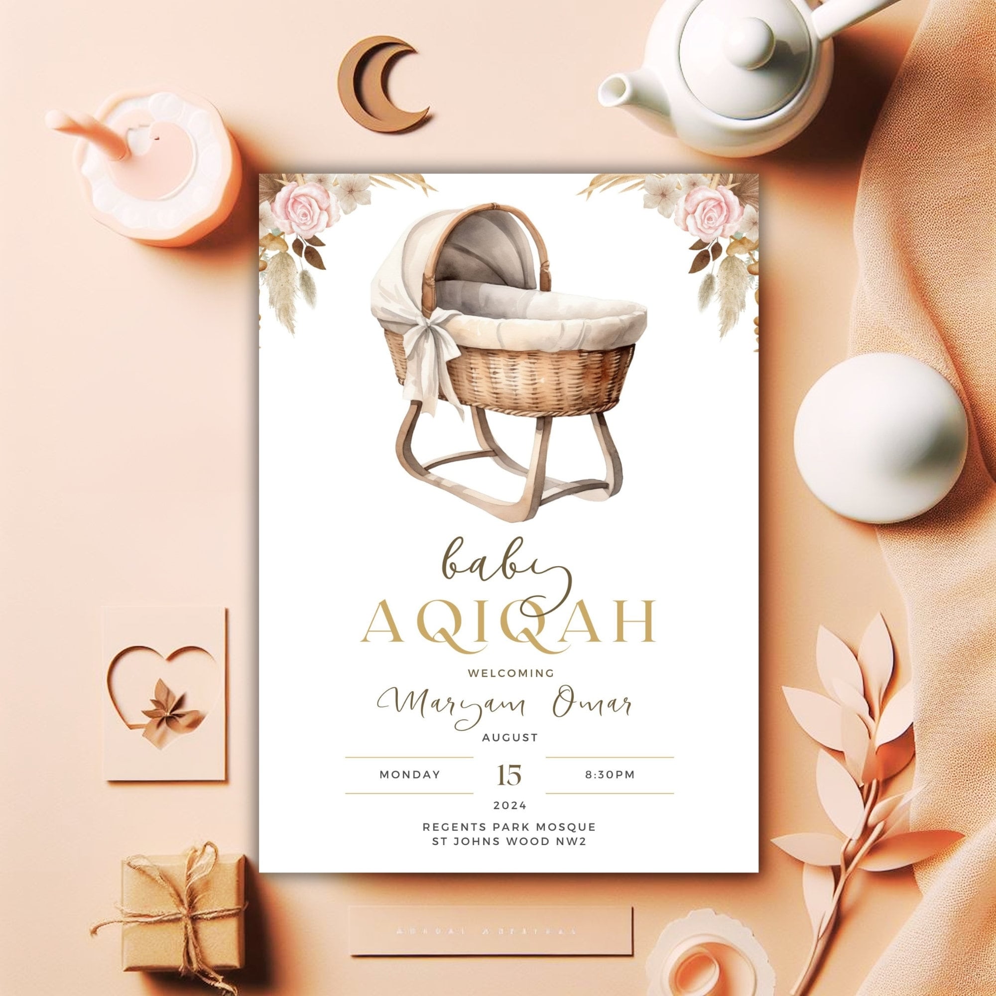 Boho Baby Shower Aqiqah Invitation, Editable Islamic Birth Announcement ...