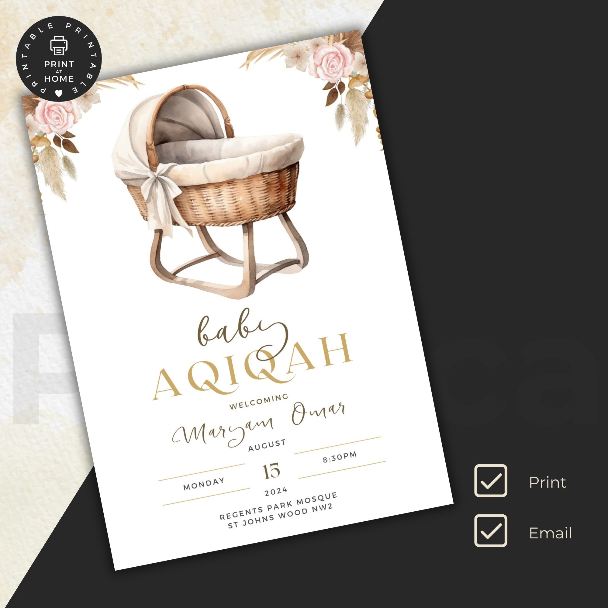 Boho Baby Shower Aqiqah Invitation, Editable Islamic Birth Announcement ...