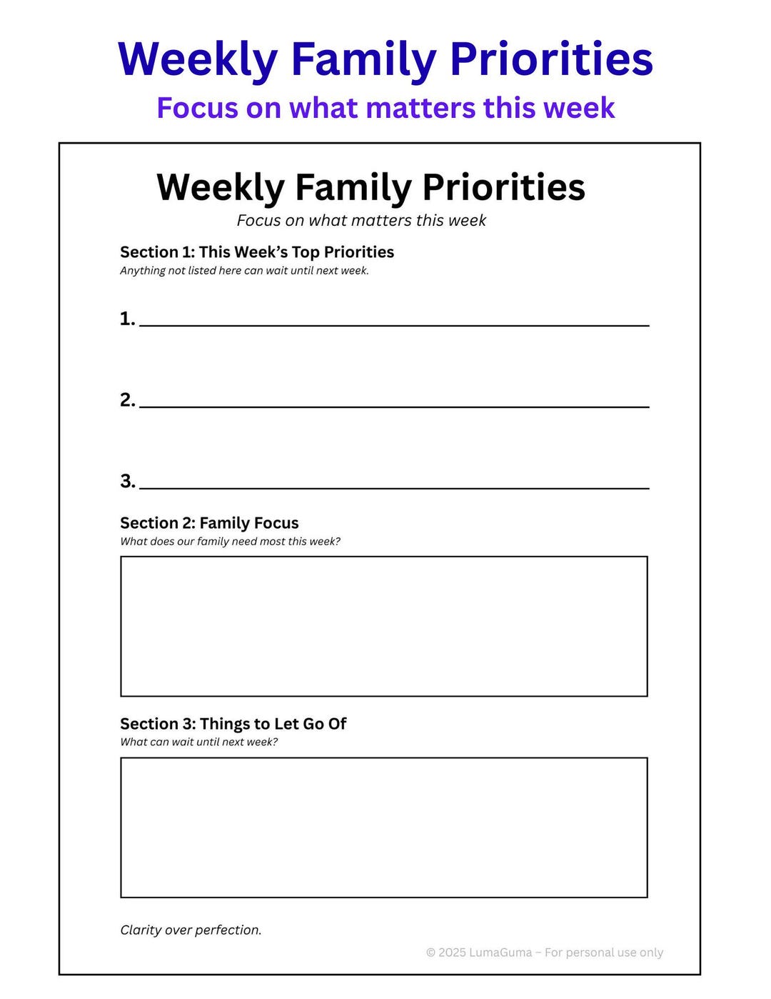 Weekly Family Priorities Printable | Focus on What Matters This Week ...