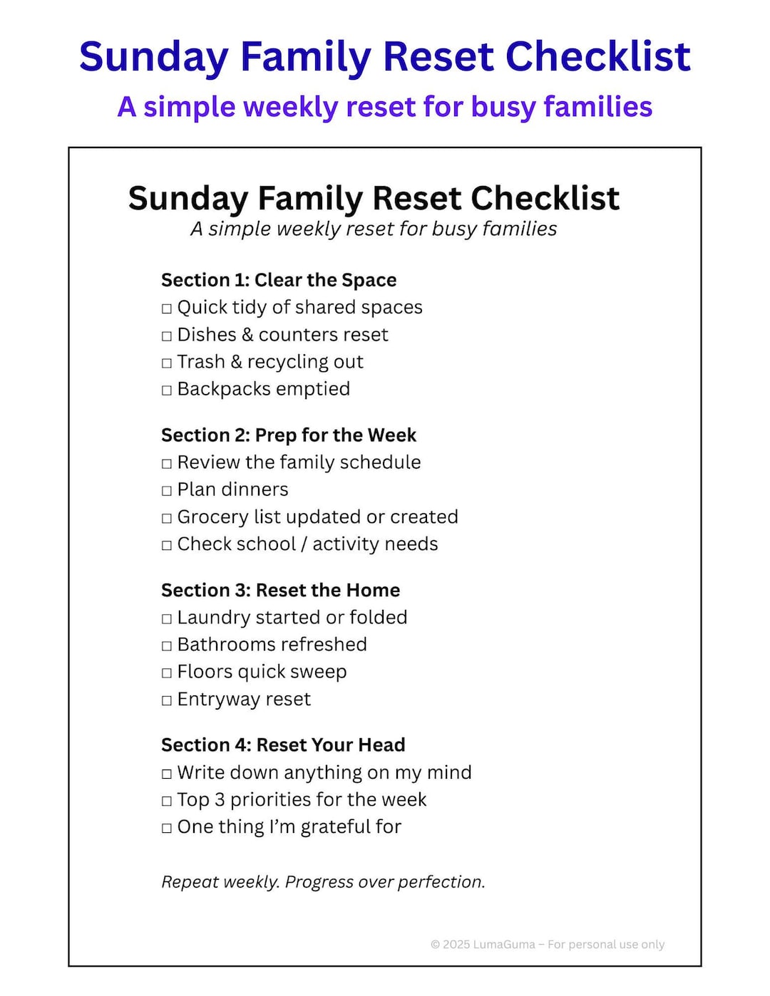 Sunday Family Reset Checklist Printable | Weekly Family Reset | Simple ...