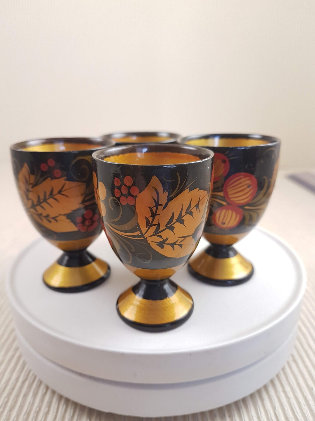 Retro 1980's Russian Khokhloma Set of Egg Holders, 4 Wooden Hand ...