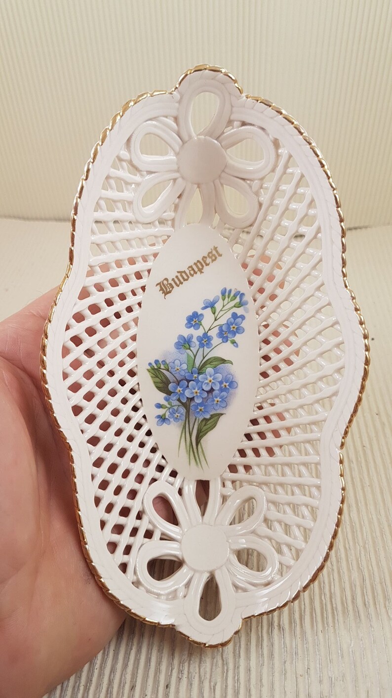 Vintage Amadeus Porcelain Lace Oval Woven Star Blue Floral Dish Made in ...