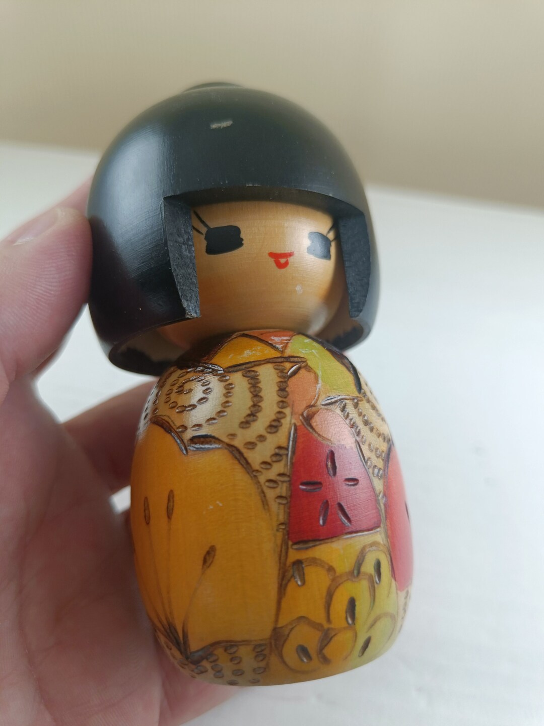 Vintage Usaburo Sosaku Kokeshi Doll Wooden Floral Kimono Girl Made in ...