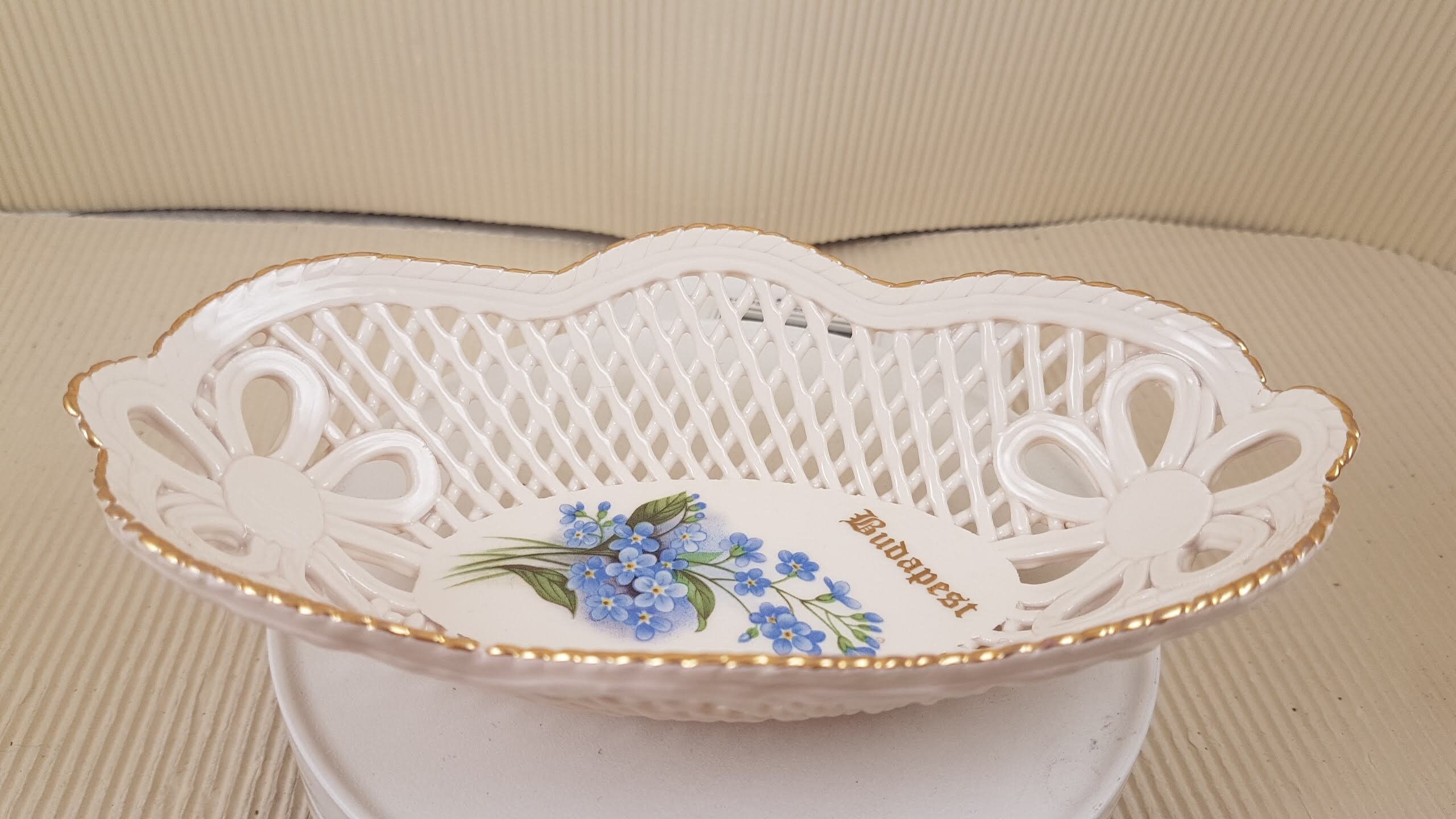 Vintage Amadeus Porcelain Lace Oval Woven Star Blue Floral Dish Made in ...