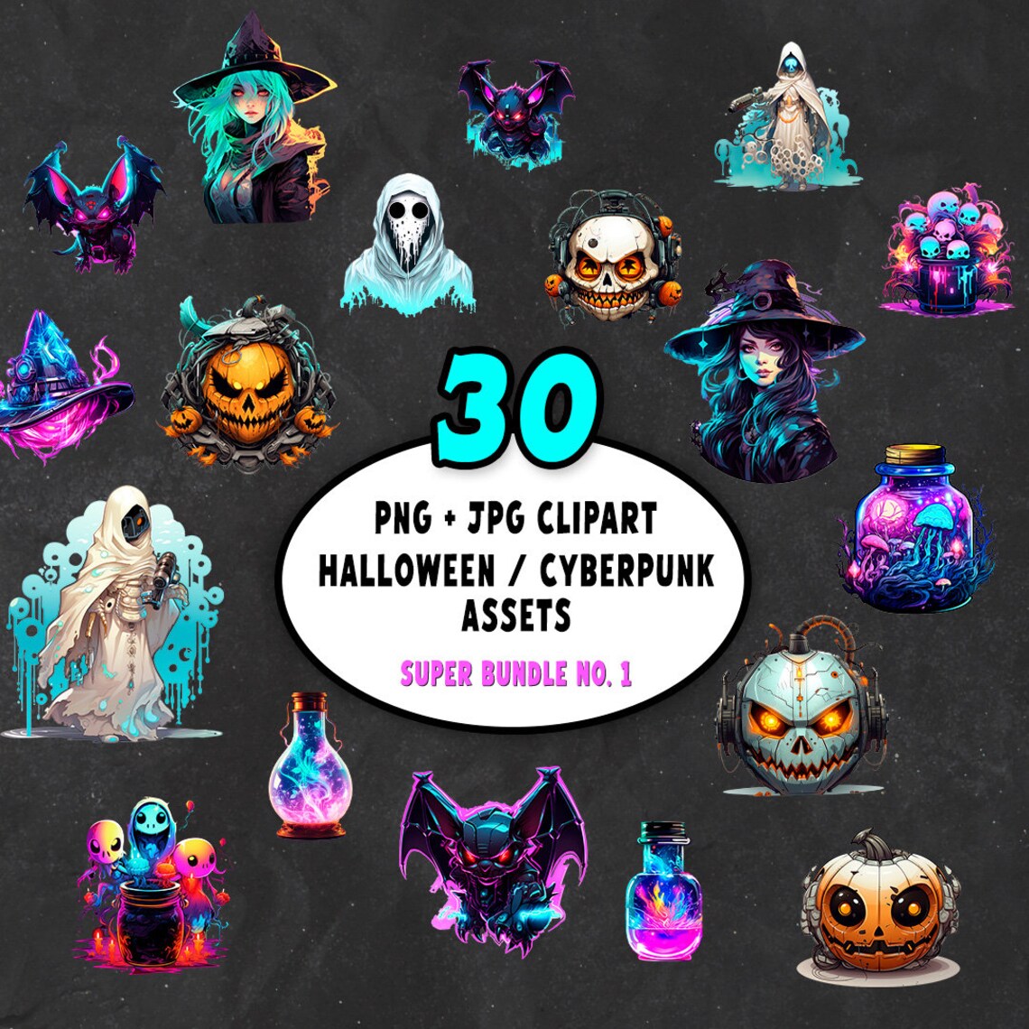 30 Halloween Cyberpunk Clipart Bundle HQ Halloween Clip Art PNG & JPG ...