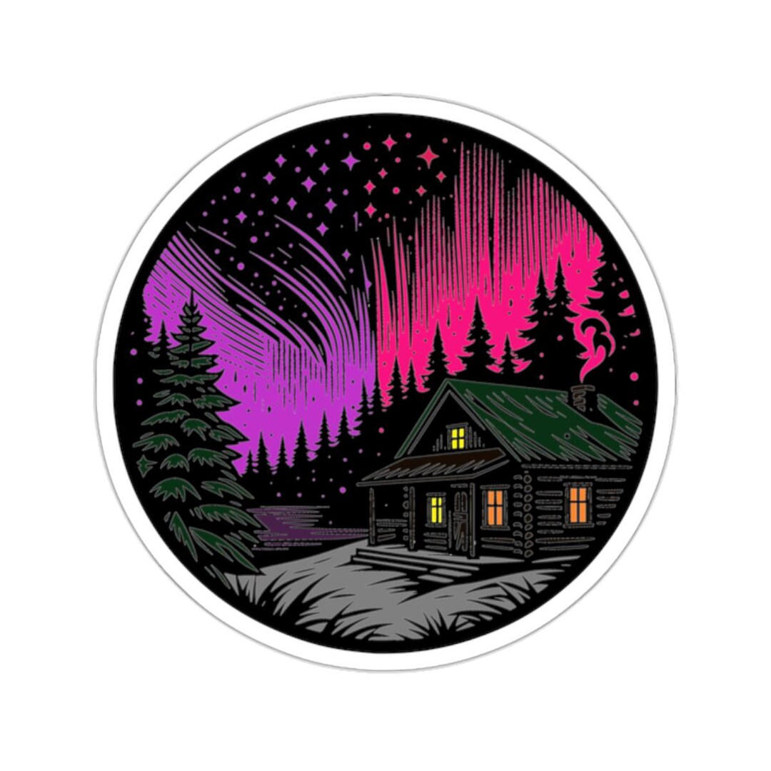 Magenta Purple Northern Lights Cabin Sticker, Wilderness Laptop Decal ...