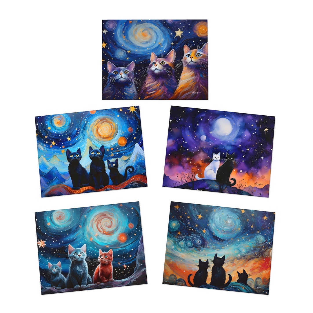 Starry Night Cats Multi-design With Sentiment Greeting Cards 5-pack - Etsy
