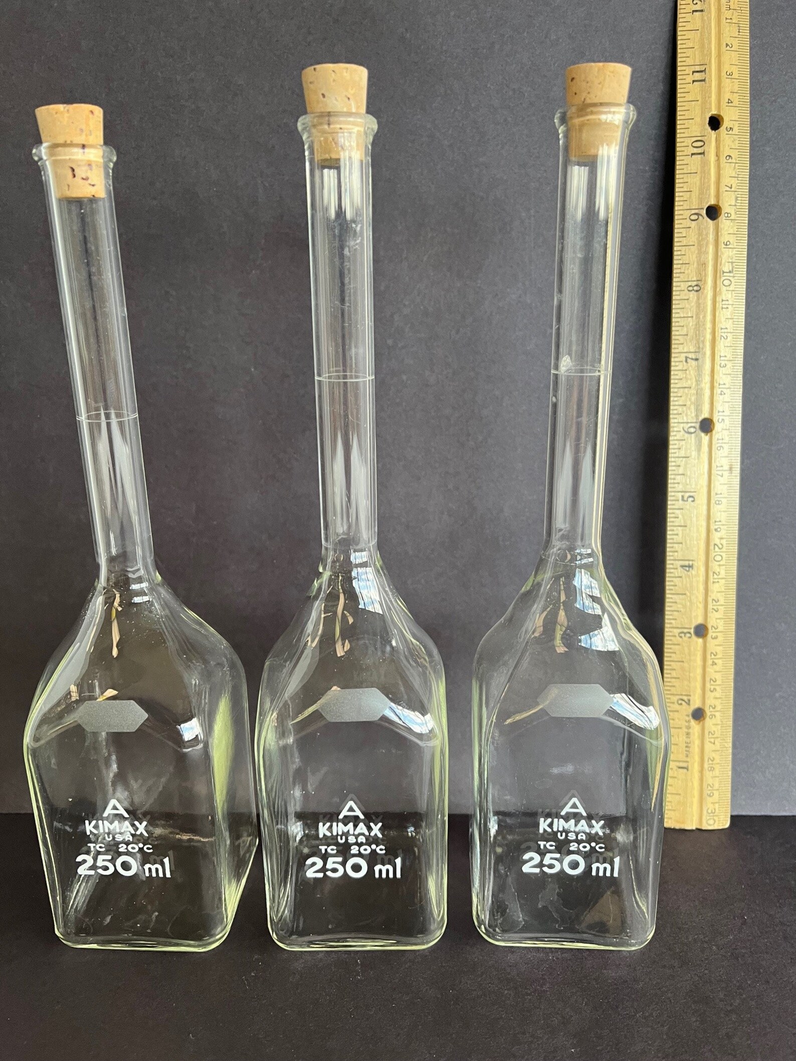 Set of Three 250 Ml Kimax Glass Volumetric Flasks With 3 Cork Stoppers ...