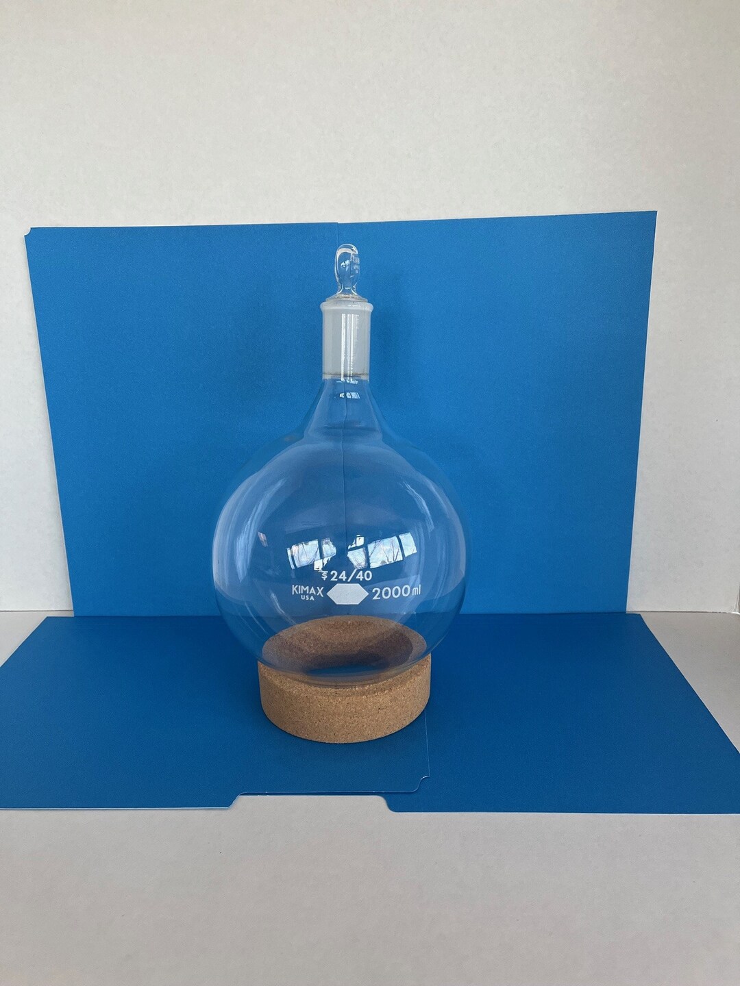 2 Liter Kimax Round Bottom Glass Flask With Glass Stopper and Cork Ring ...