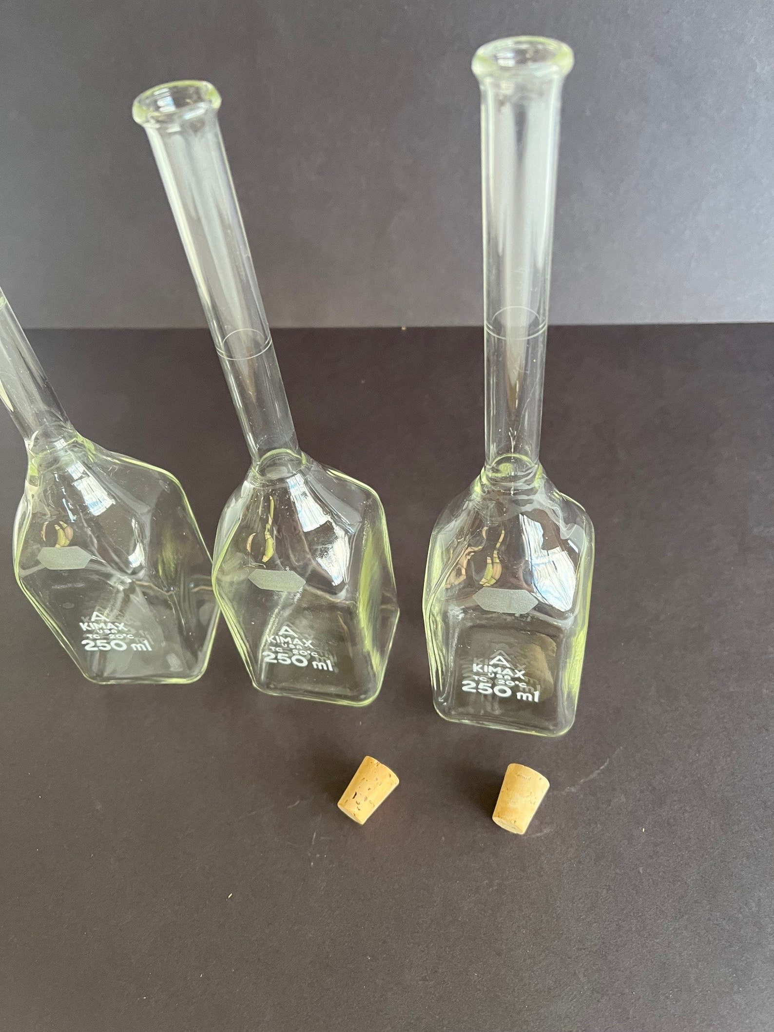 Set of Three 250 Ml Kimax Glass Volumetric Flasks With 3 Cork Stoppers ...