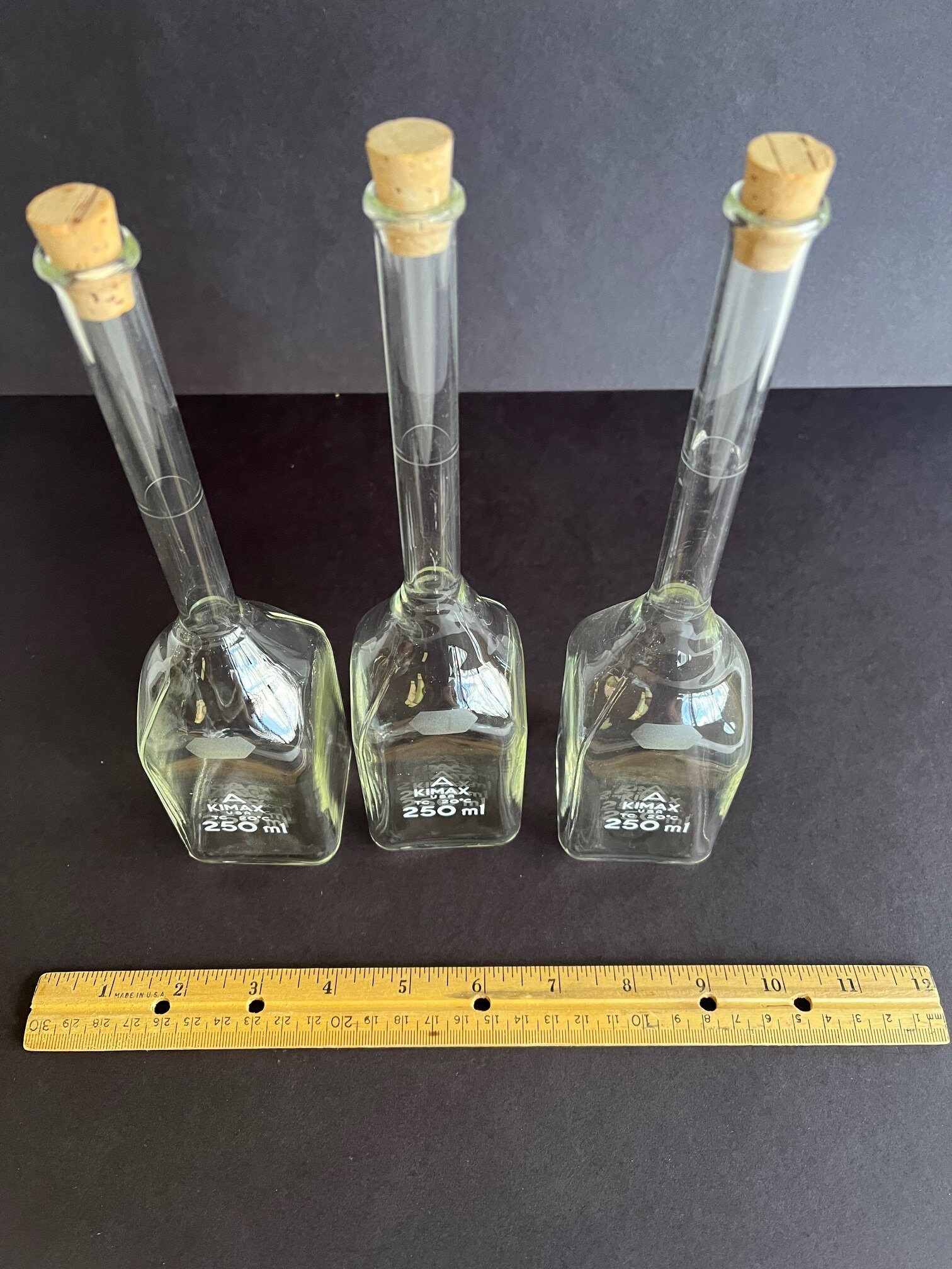 Set of Three 250 Ml Kimax Glass Volumetric Flasks With 3 Cork Stoppers ...