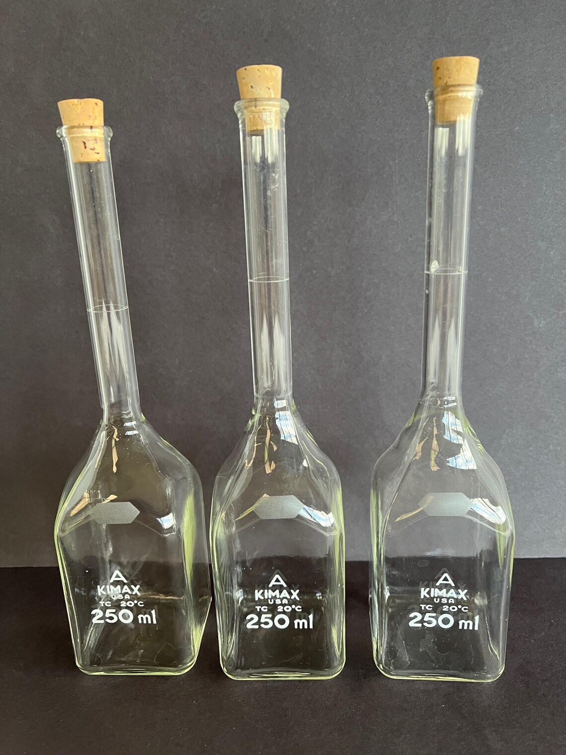 Set of Three 250 Ml Kimax Glass Volumetric Flasks With 3 Cork Stoppers ...