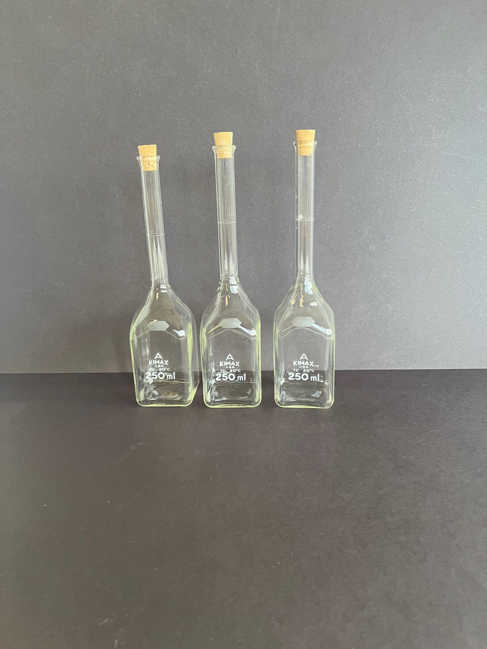 Set of Three 250 Ml Kimax Glass Volumetric Flasks With 3 Cork Stoppers ...