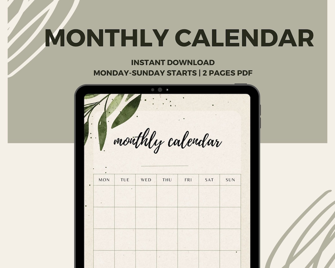 Undated Monthly Calendar Planner Printable Landscape Monday & - Etsy