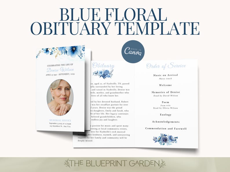 Editable Obituary Template Blue Floral Obituary Template for Women ...