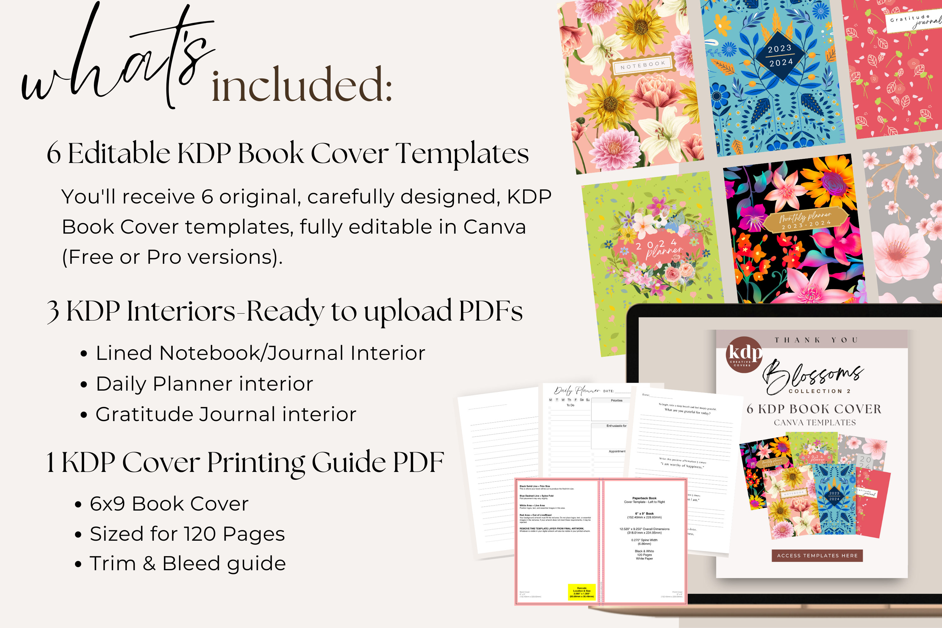 6 KDP Book Cover Templates, Editable in Canva, 6”x 9" Paperback/120 Pgs ...