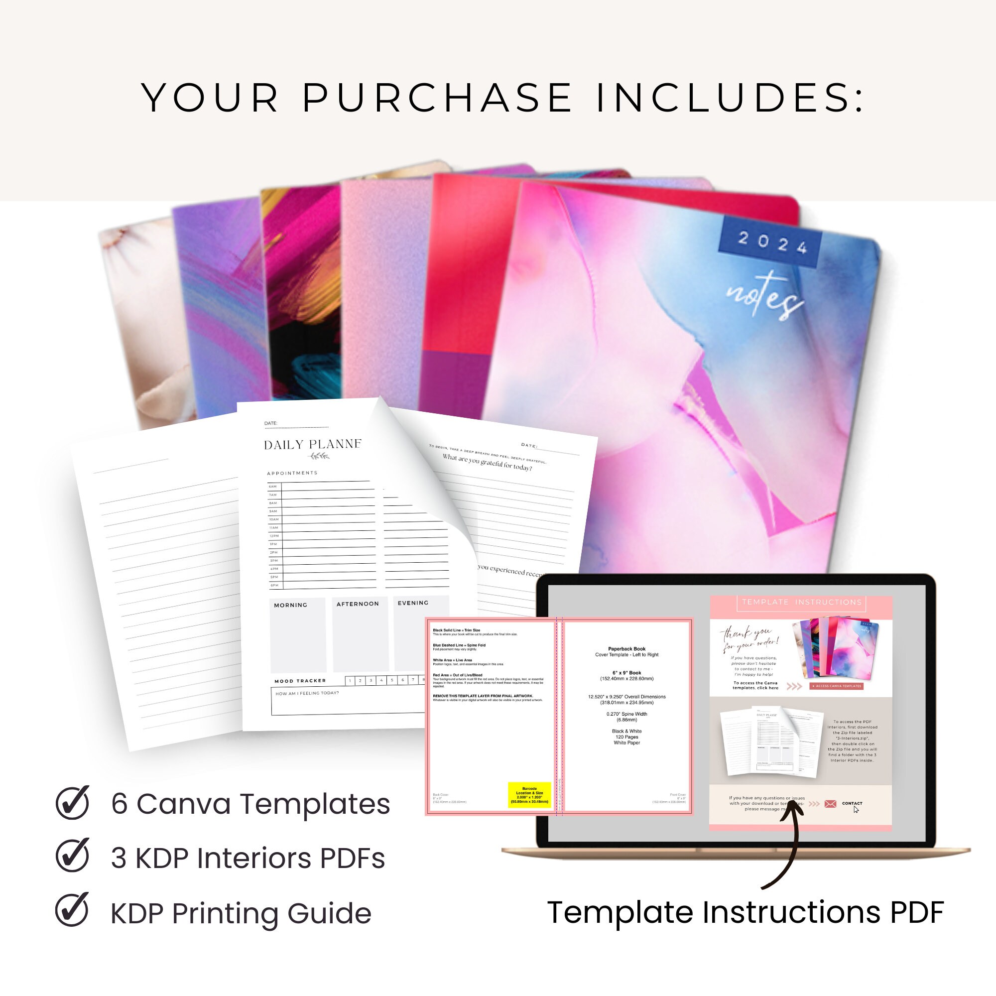 6 KDP Book Cover Templates Editable in Canva 6x 9 Paperback Notebook ...