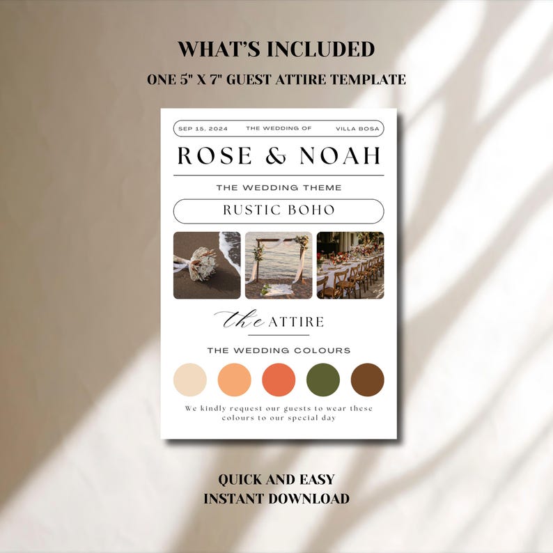 Guest Dress Code Insert Card, Wedding Theme Attire Card Template ...