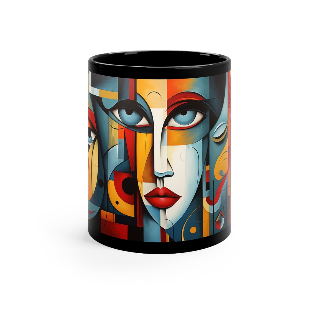Dual Feminine Faces Mug - Cubist Art With Hypnotic Blue Eyes - Unique ...