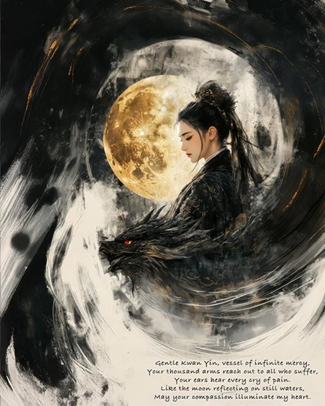 Guanyin Dragon Moon Digital Art Print | Buddhist Goddess of Mercy ...