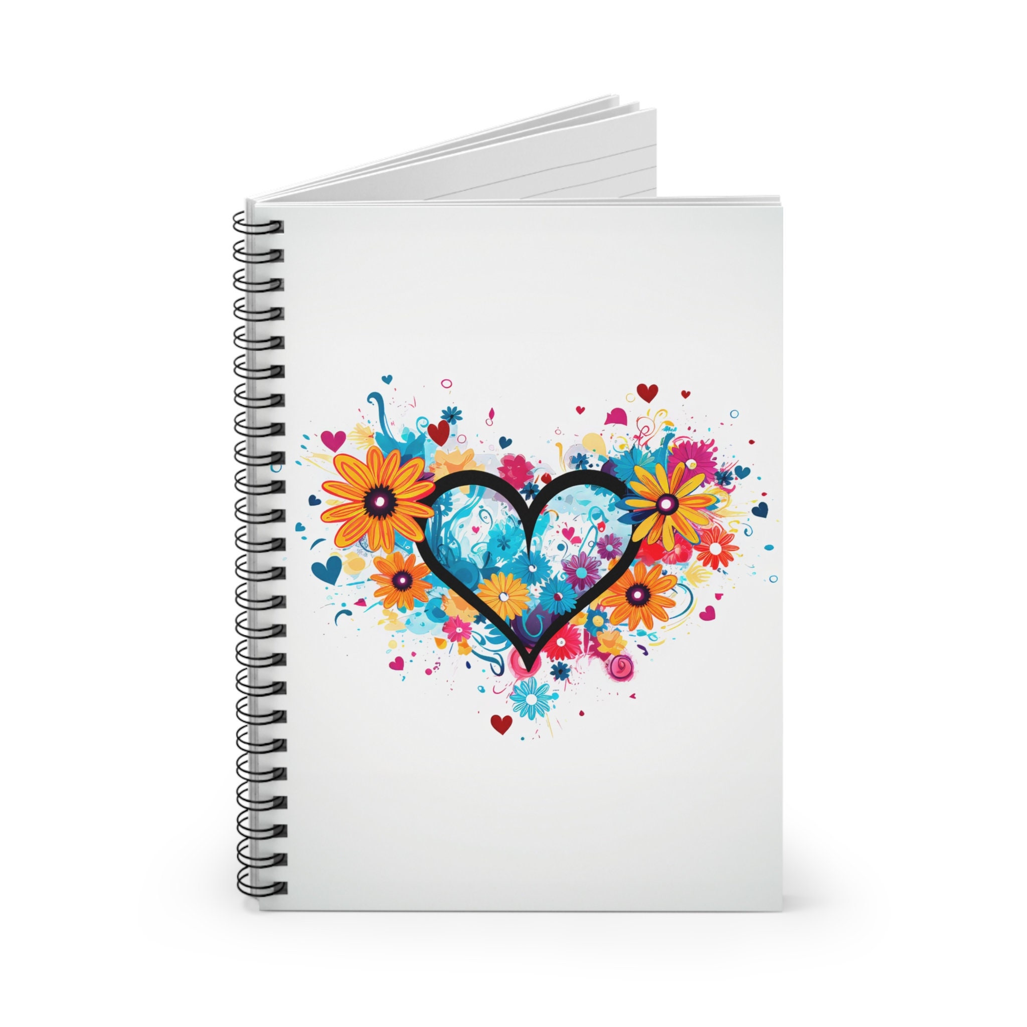 Retro Peace and Love Heart Spiral Notebook - Colorful Flowers, Hearts ...