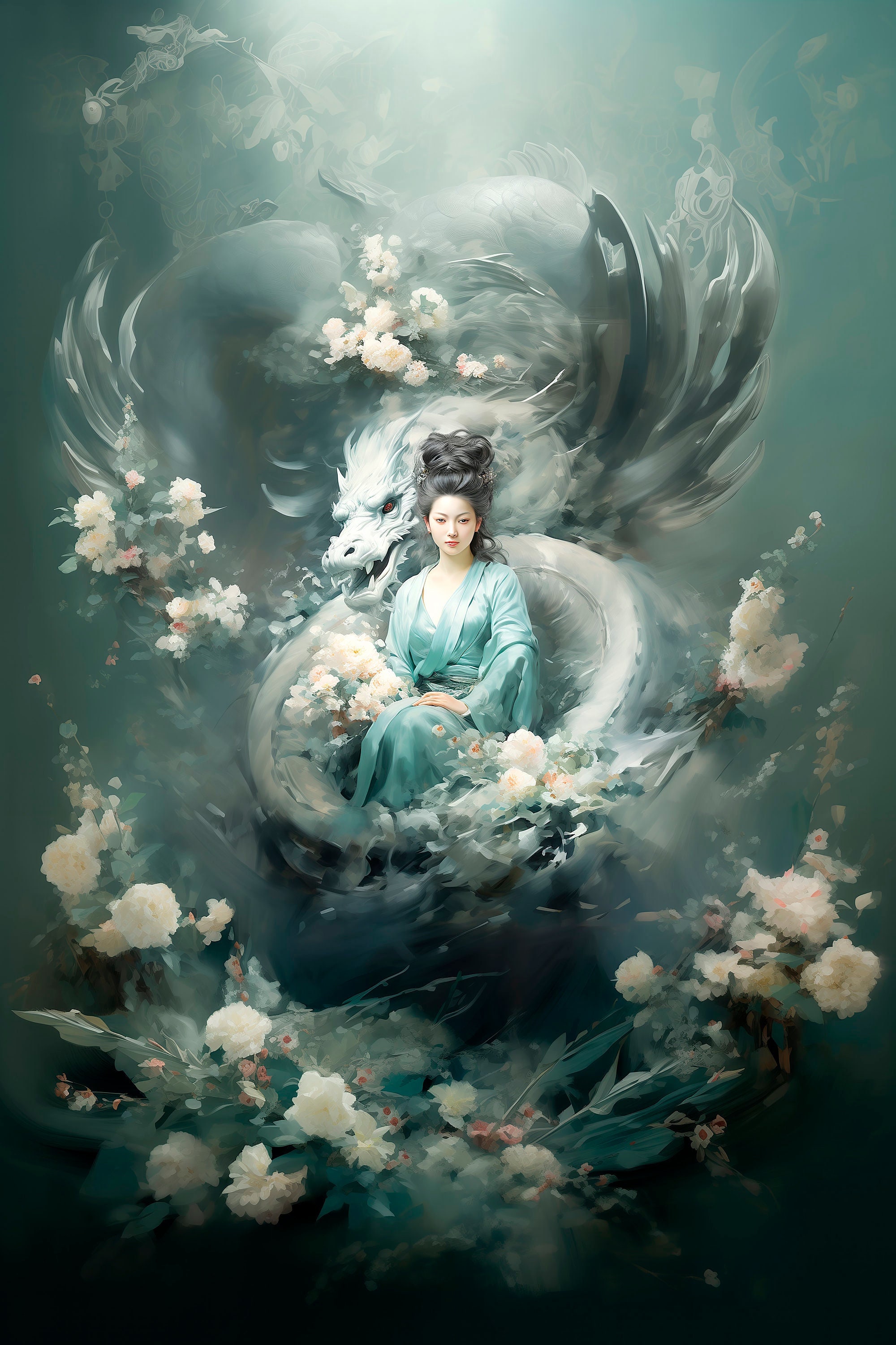 Awesome Digital Print - Kwan Yin & Dragon - Aqua Hues - Mystical Asian ...